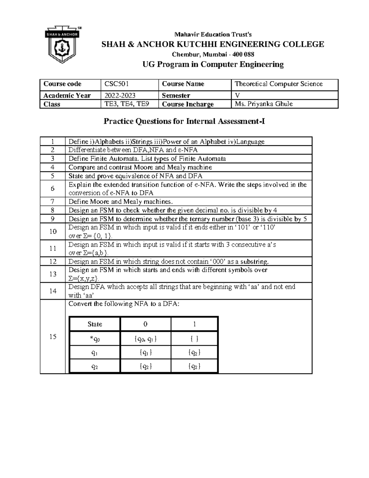 IA1 Practice Questions 2022-2023 - SHAH & ANCHOR KUTCHHI ENGINEERING ...