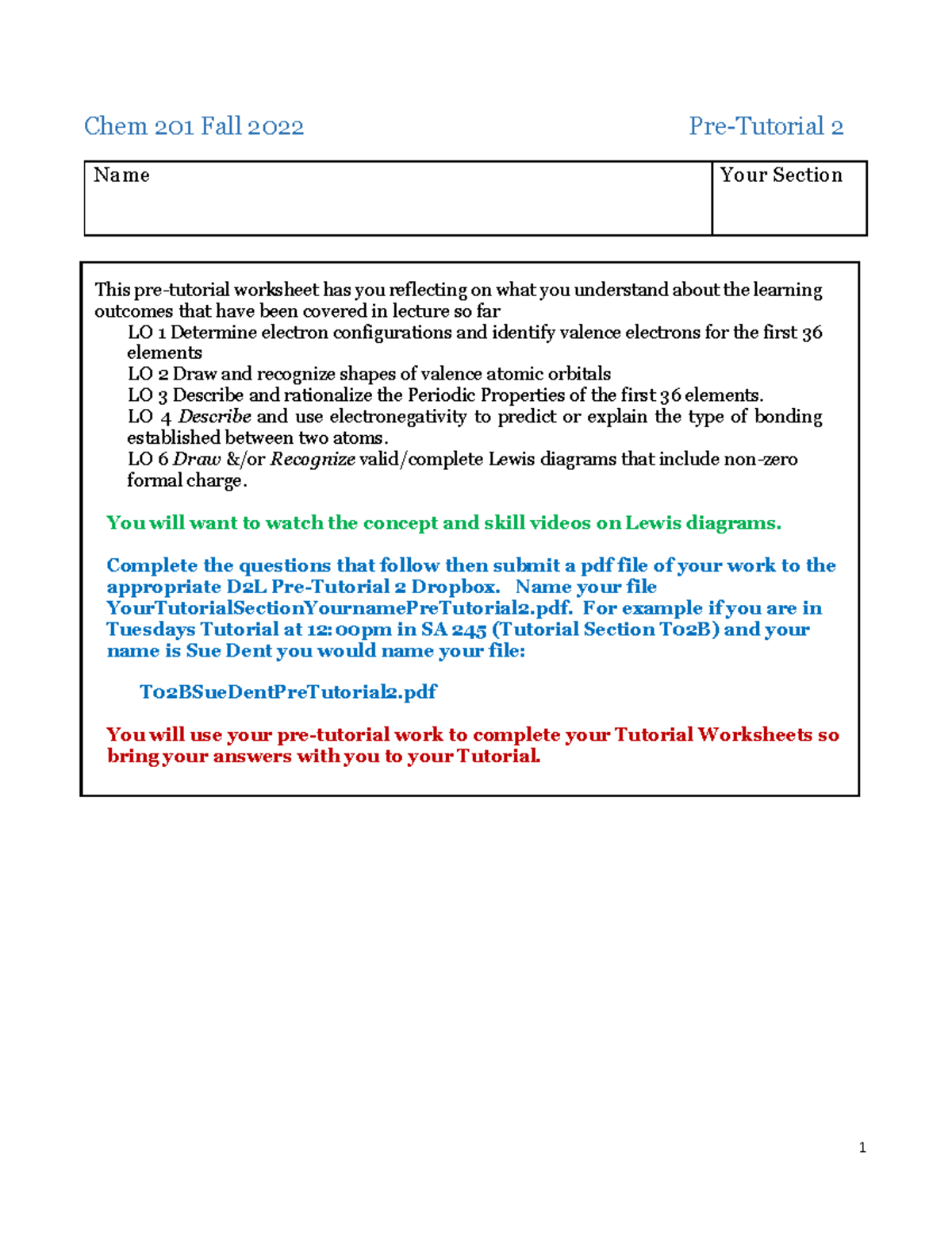 201f22 Pre-Tut 2 final Chem 201 - Chem 201 Fall 2022 Pre-Tutorial 2 Name Your Section This - Studocu
