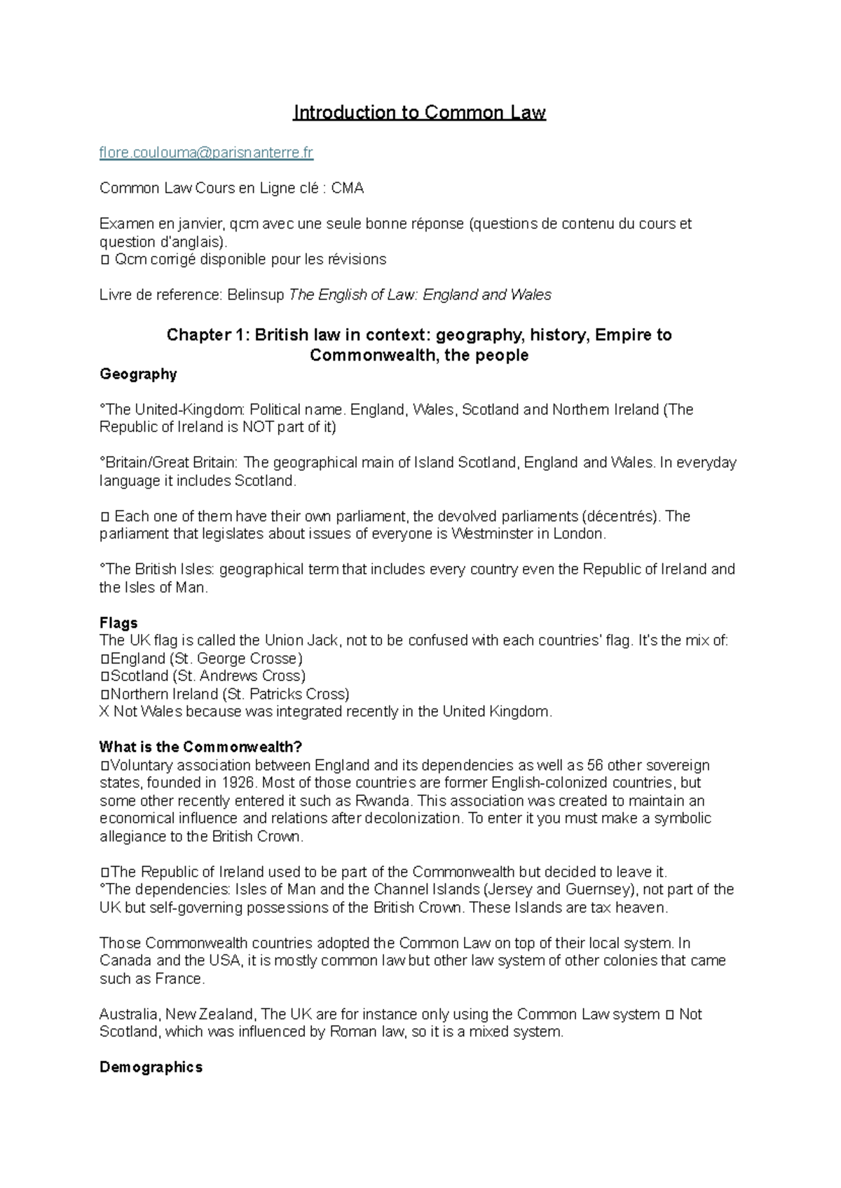 CMA Introduction to Common Law - Introduction to Common Law flore@parisnanterre Common Law Cours ...