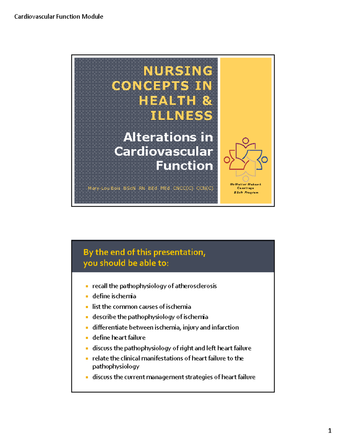 Lecture slides - cardiovascular function module - Cardiovascular Function Module Alterations in ...