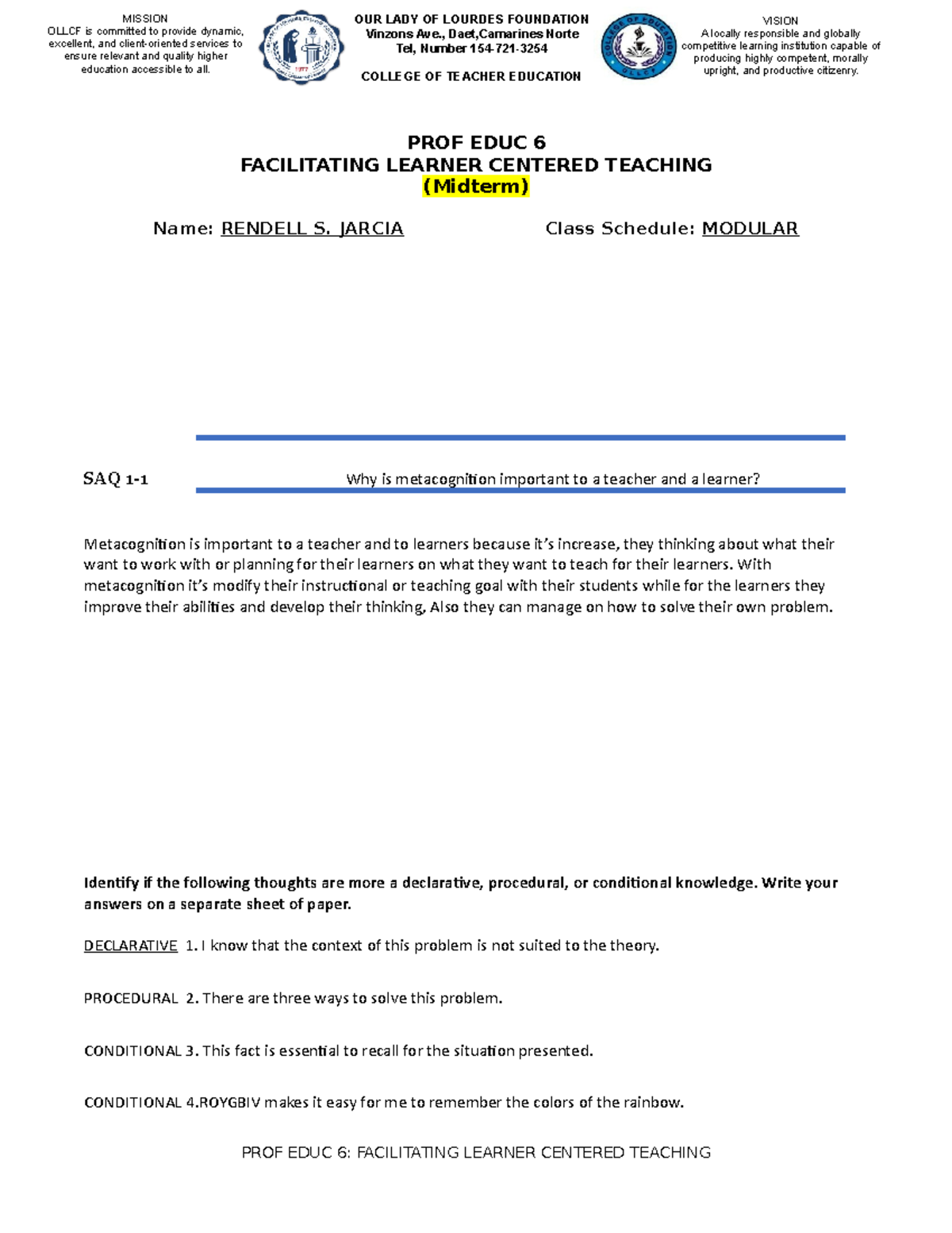 Methods- Answer- Sheet - PROF EDUC 6 FACILITATING LEARNER CENTERED ...