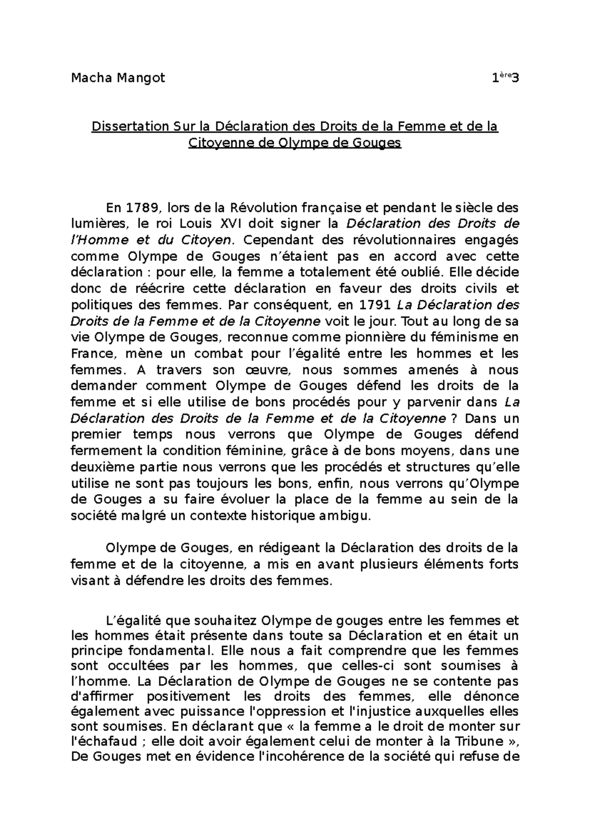 Dissert ddfc olympe de gouges - Macha Mangot 1 ère 3 Dissertation Sur ...