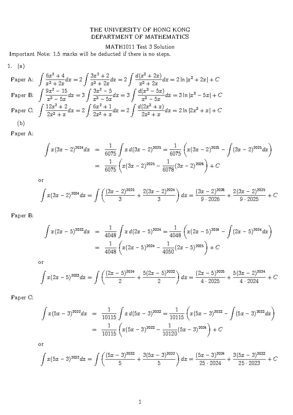 1011 test 3 Solution - TEST 3 - THE UNIVERSITY OF HONG KONG DEPARTMENT ...