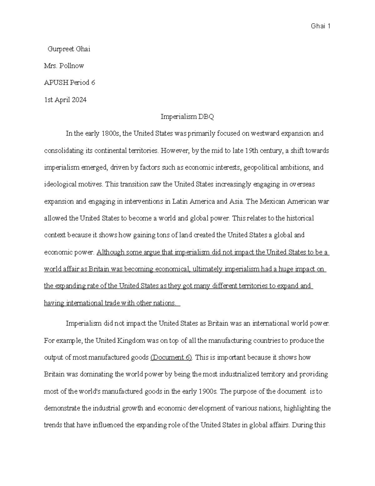 Imperialism DBQ - Ghai 1 Gurpreet Ghai Mrs. Pollnow APUSH Period 6 1st ...