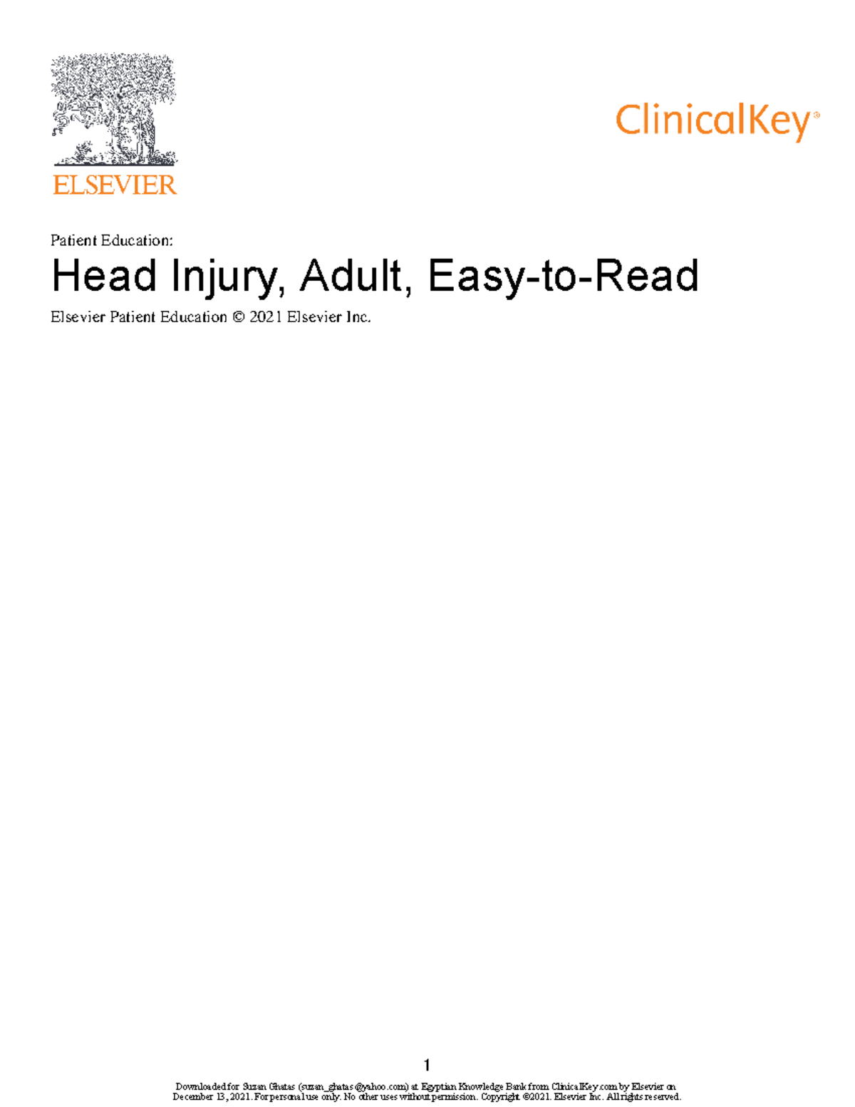 Head Injury, Adult, Easy-to-Read - Patient Education: Head Injury ...