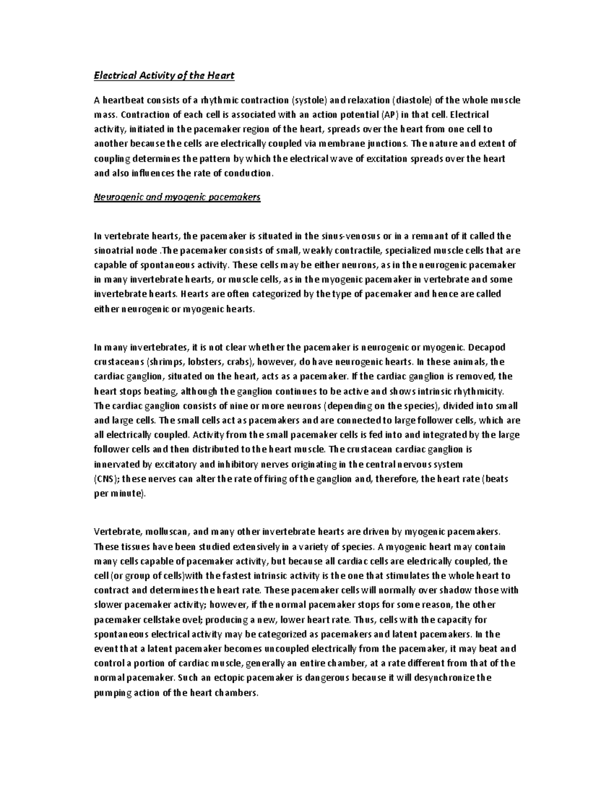 Neurogenic and myogenic heart - Electrical Activity of the Heart A ...