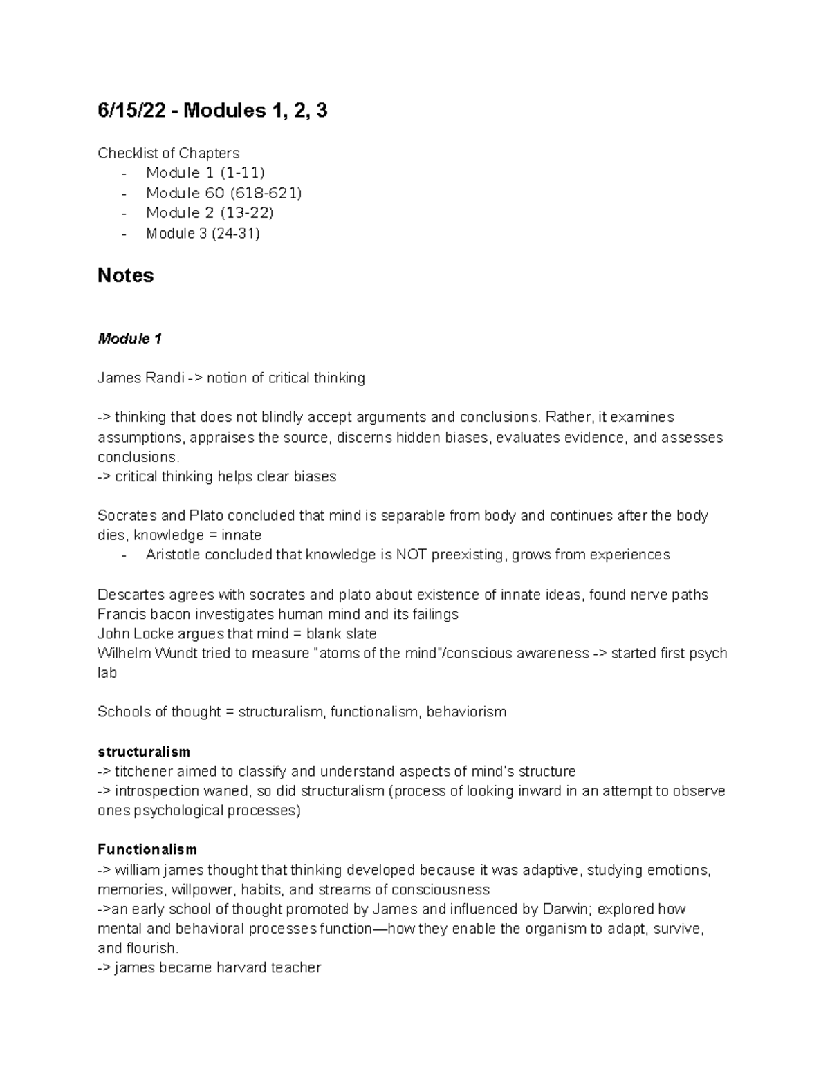 AP Psychology - Module Notes - 6/15/22 - Modules 1, 2, 3 Checklist of ...