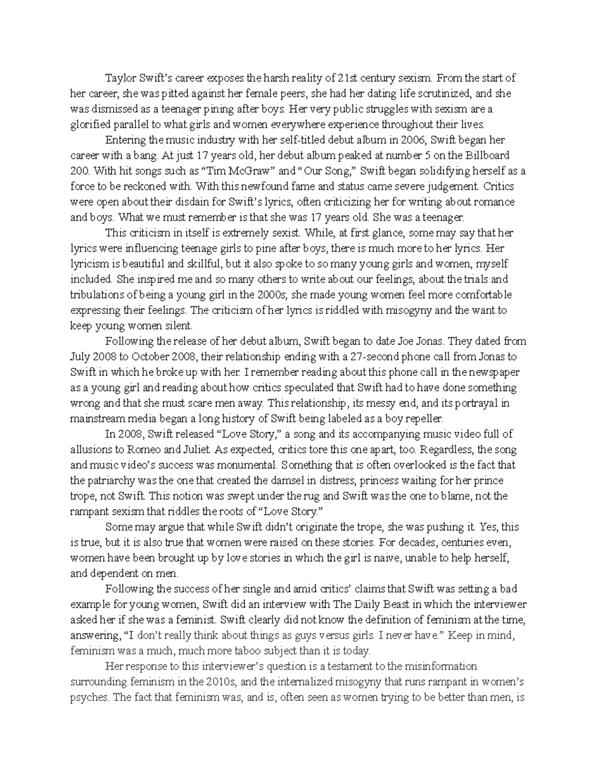 Informal Writing Opinion Piece - Taylor Swift’s career exposes the ...