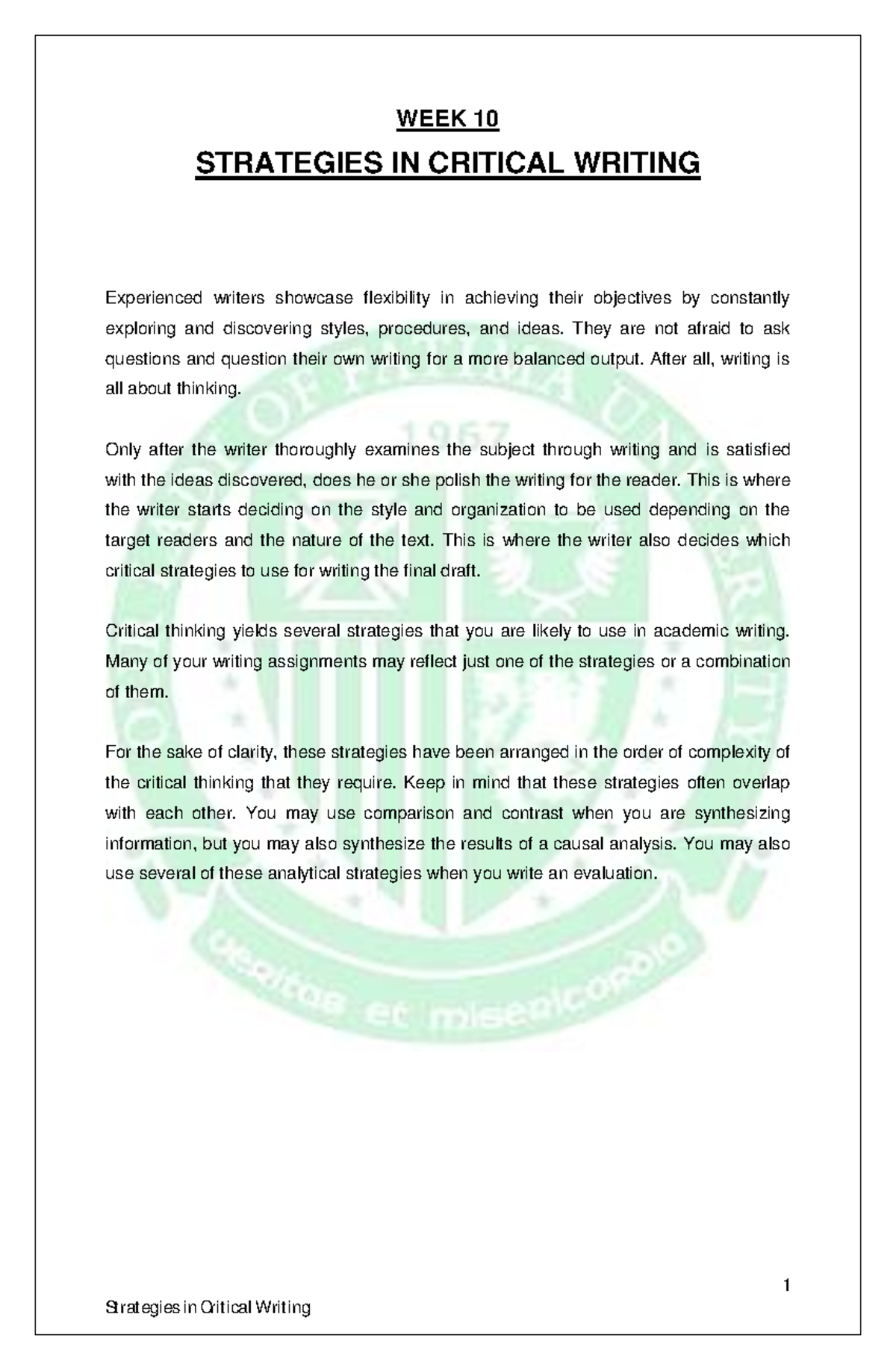 Strategies IN Critical Writing - 1 WEEK 10 STRATEGIES IN CRITICAL ...