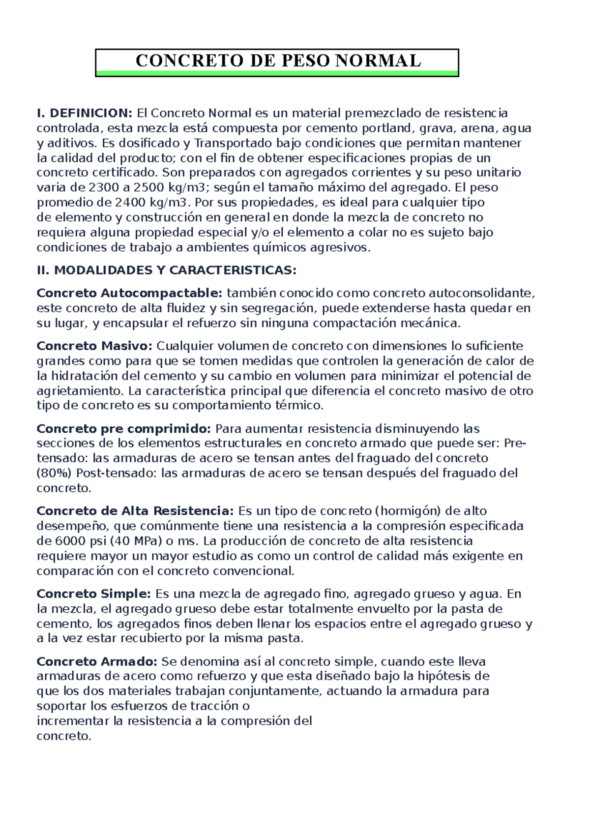 Concreto DE PESO Normal - CONCRETO DE PESO NORMAL I. DEFINICION: El ...