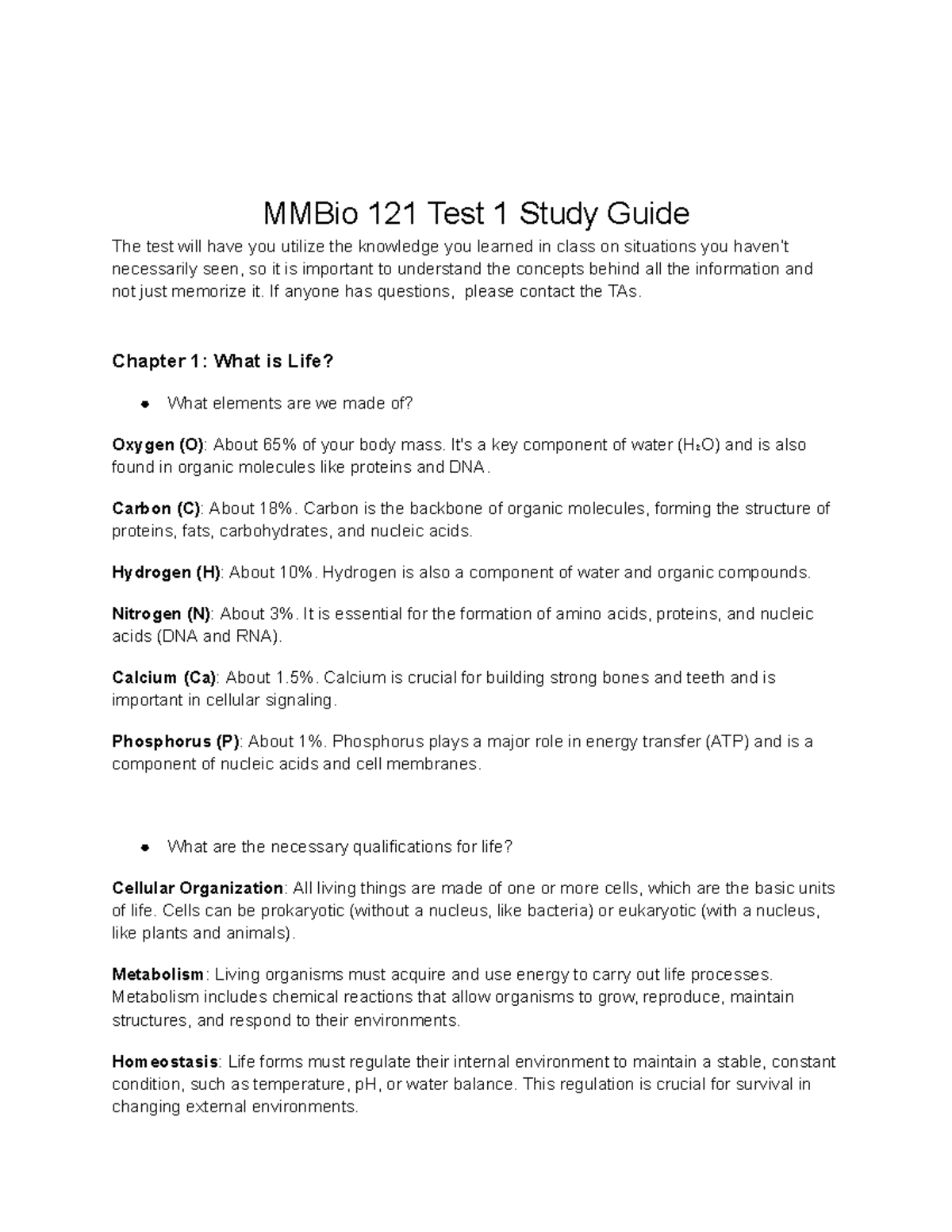 MMBio 121 Test 1 Study Guide - MMBio 121 Test 1 Study Guide The test ...