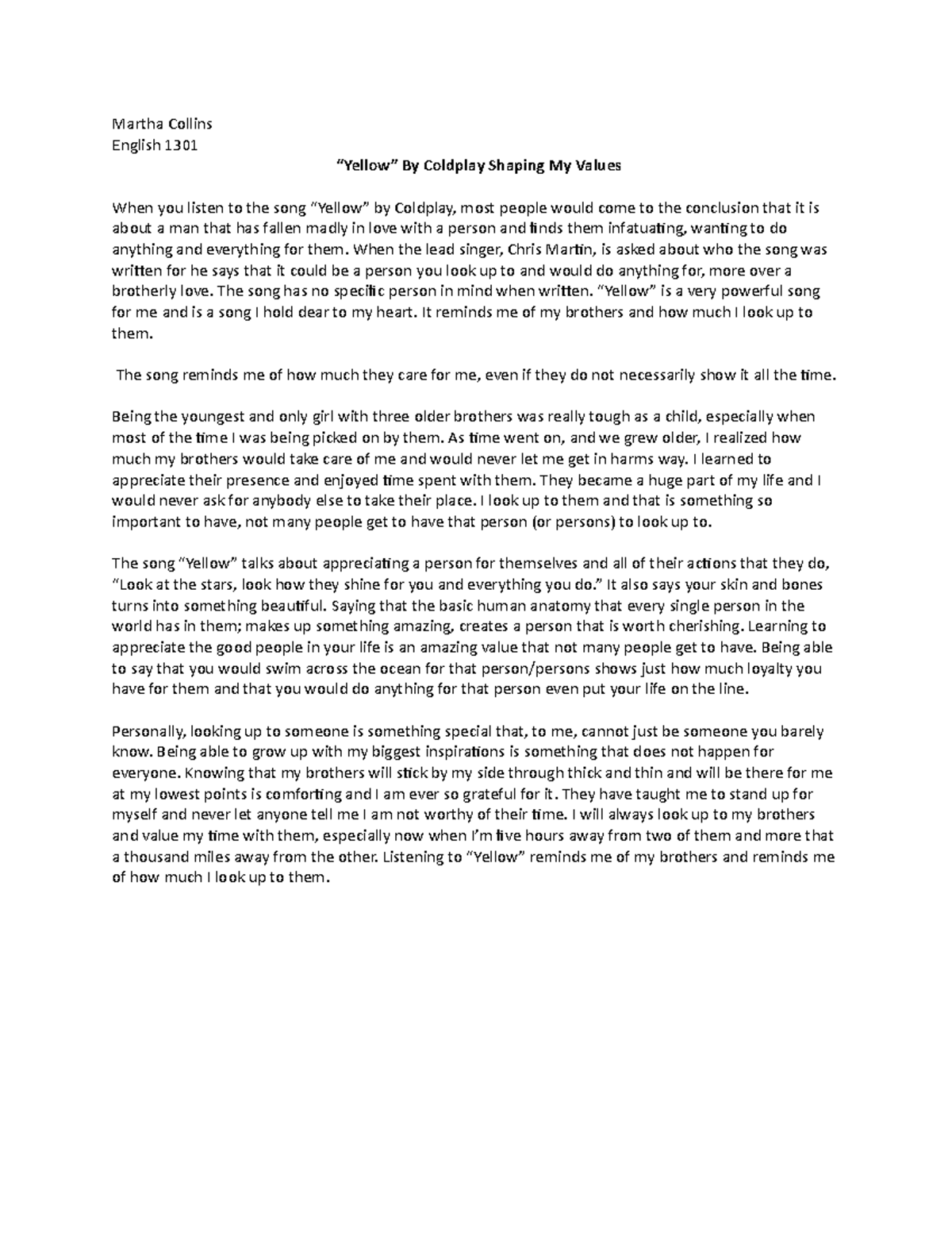 Values from media - extra credit - Martha Collins English 1301 “Yellow ...