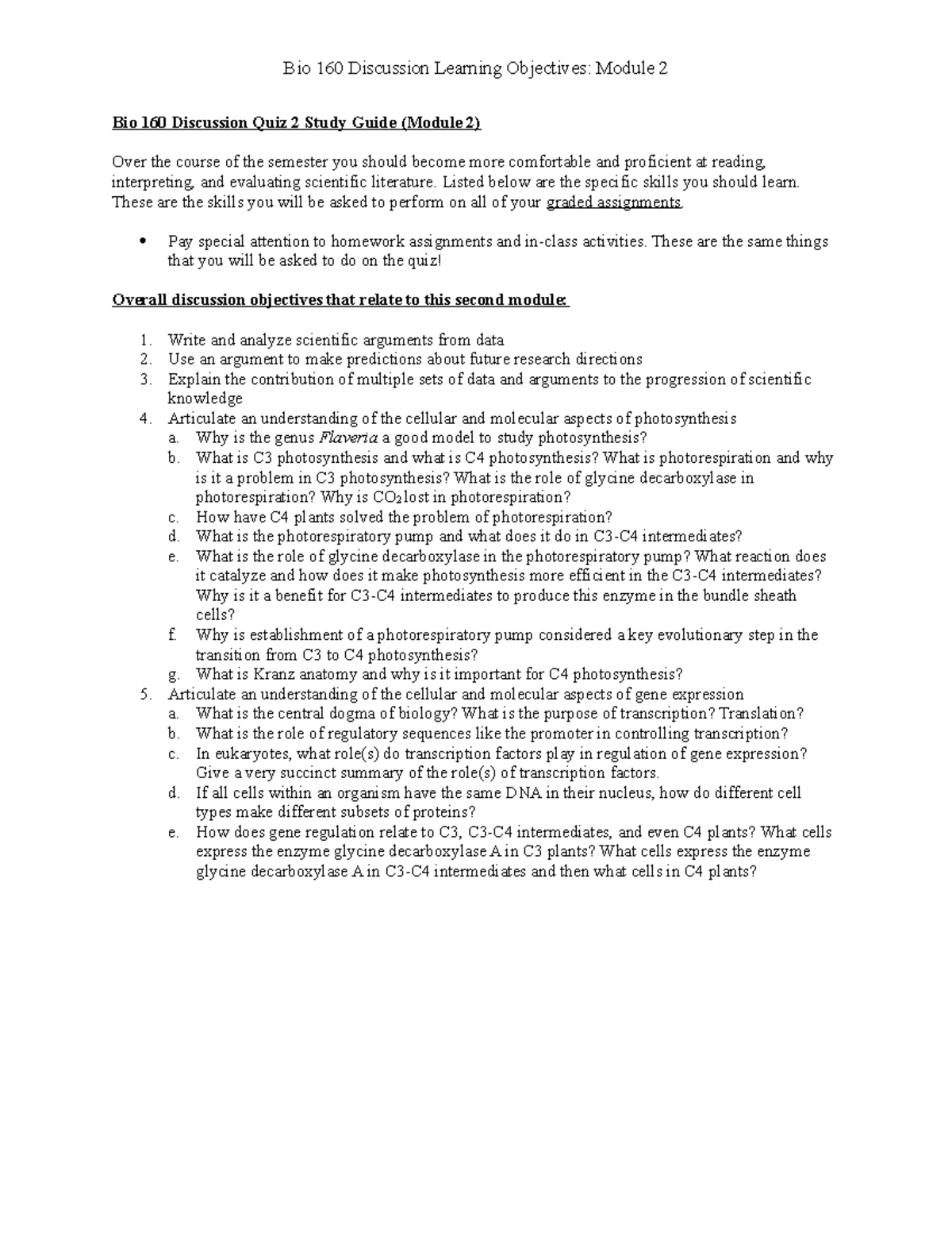 Bio 160 Discussion Quiz 2 Study Guide: Photosynthesis and Gene ...