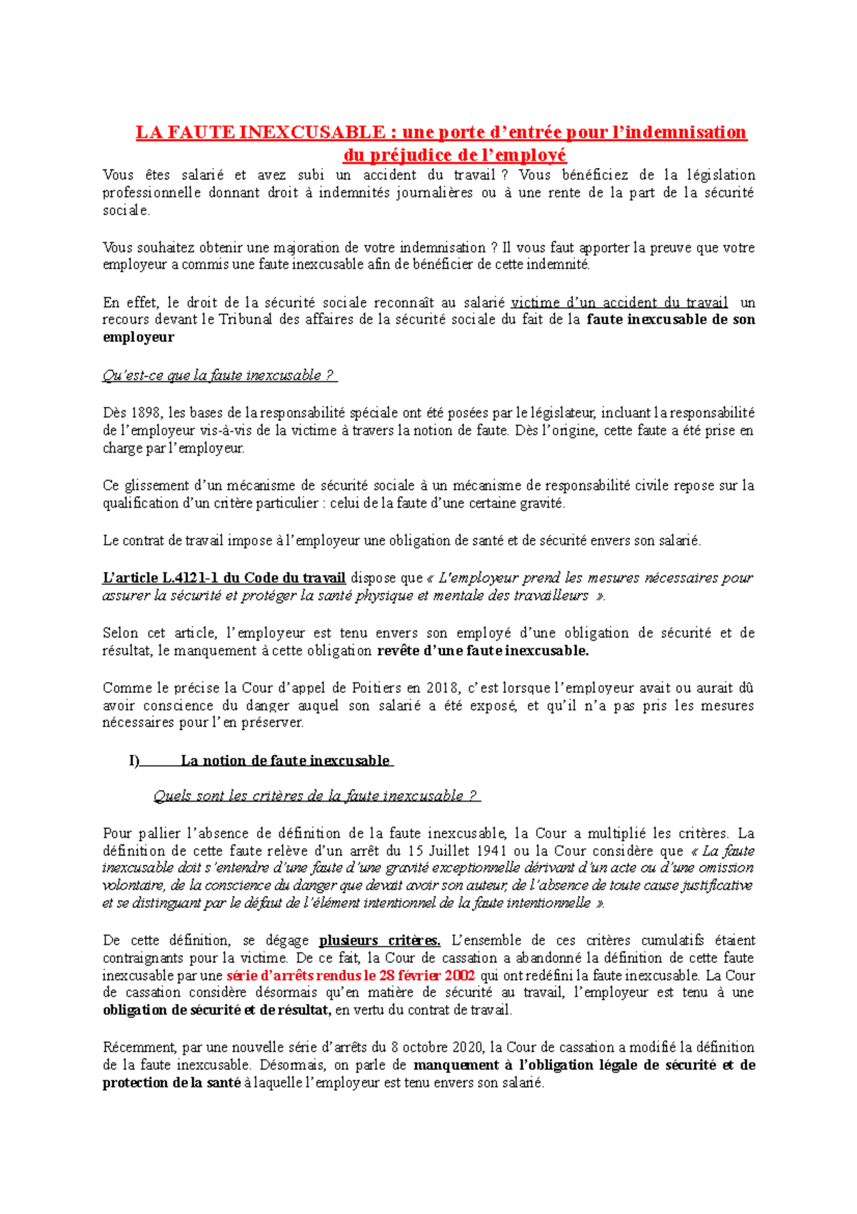 Faute inexcusable - Notes de cours complet - LA FAUTE INEXCUSABLE : une ...