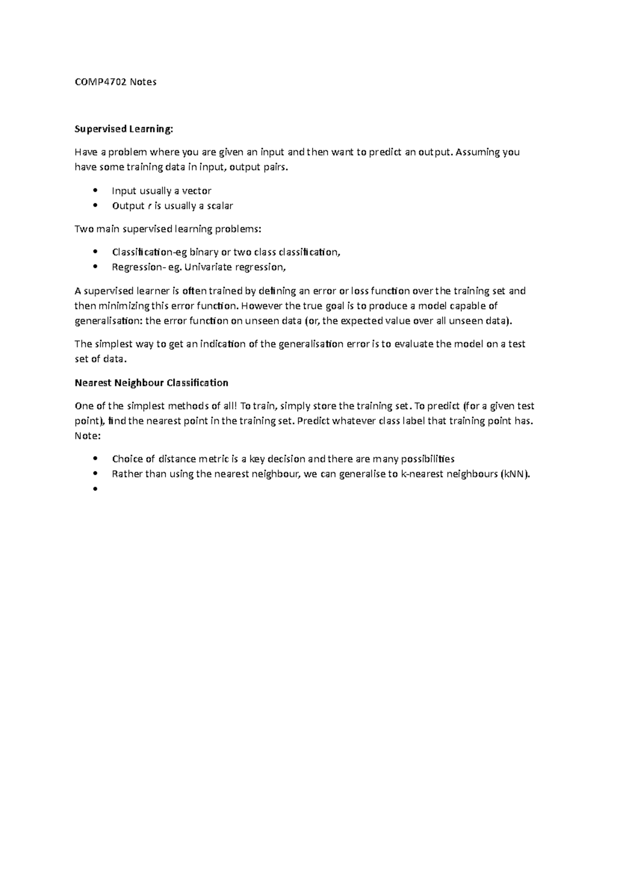 COMP4702 Notes - COMP4702 Notes Supervised Learning: Have a problem ...