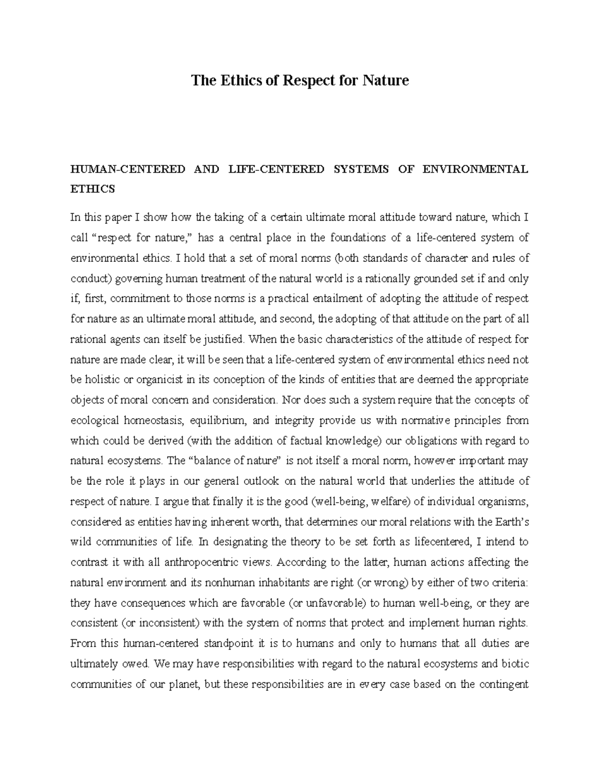 The Ethics of Respect for Nature - The Ethics of Respect for Nature ...