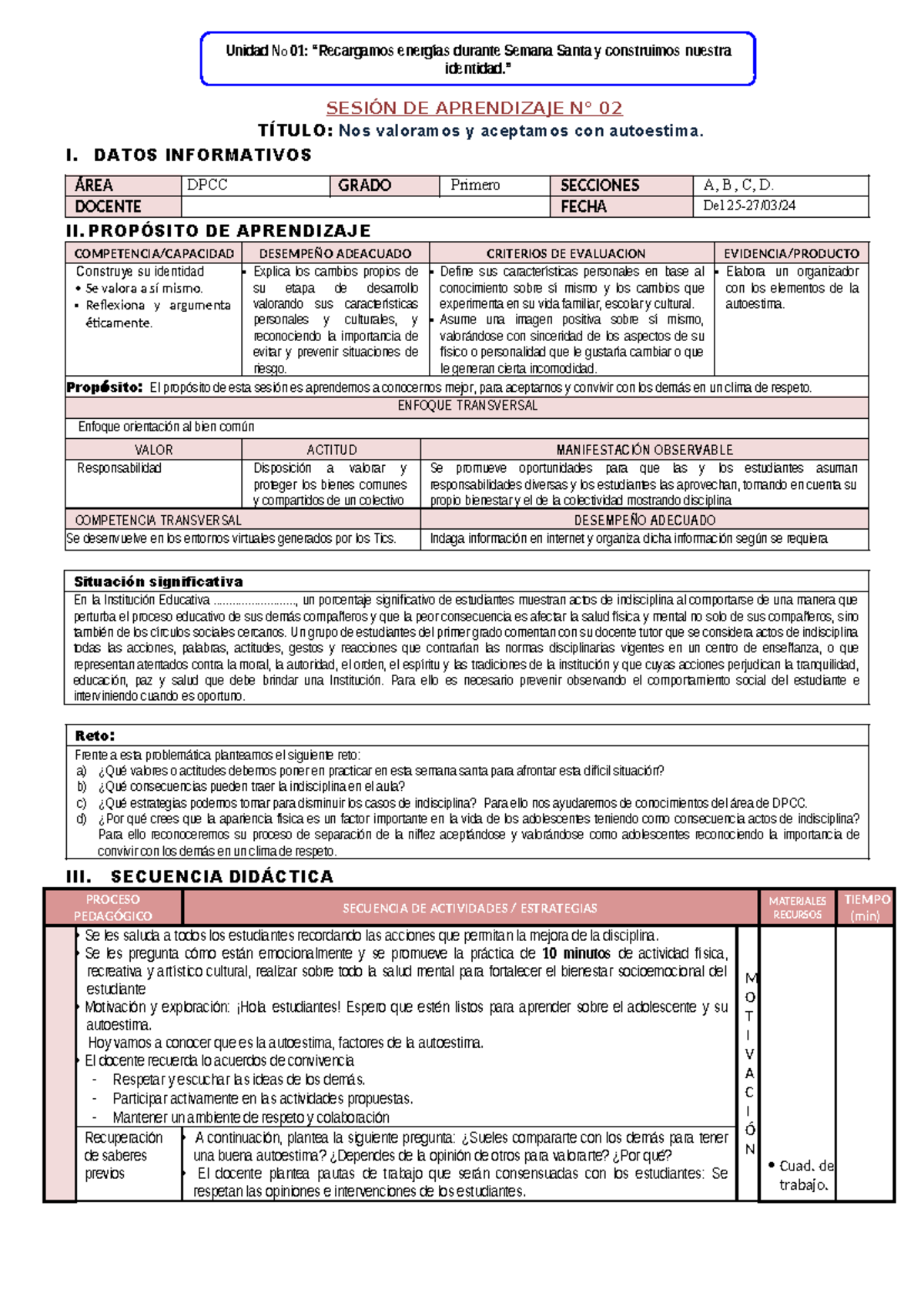 Unidad 1 - Sesión 2 - SEM 2 - DPCC 1° - SESIÓN DE APRENDIZAJE N° 02 TÍTULO: Nos valoramos y ...