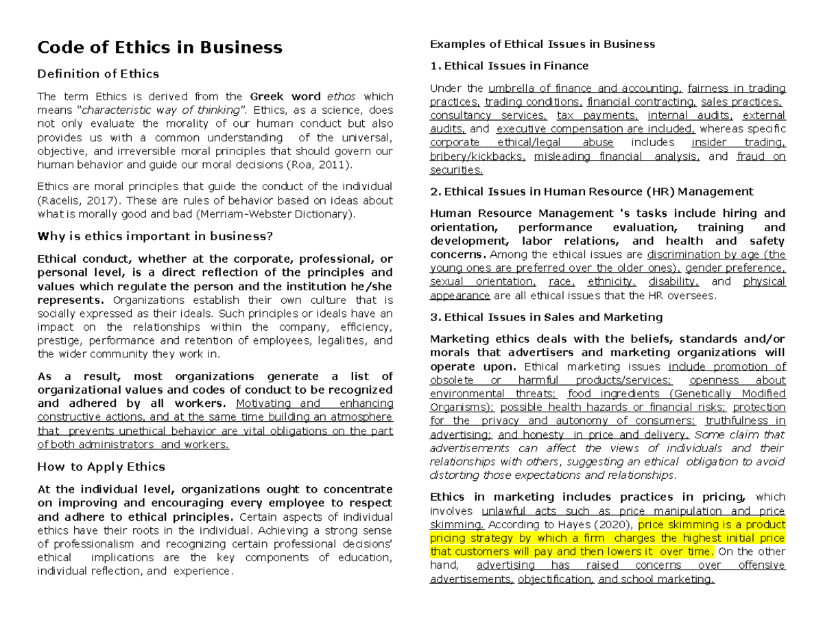 Code of Ethics in Business - Code of Ethics in Business Definition of ...