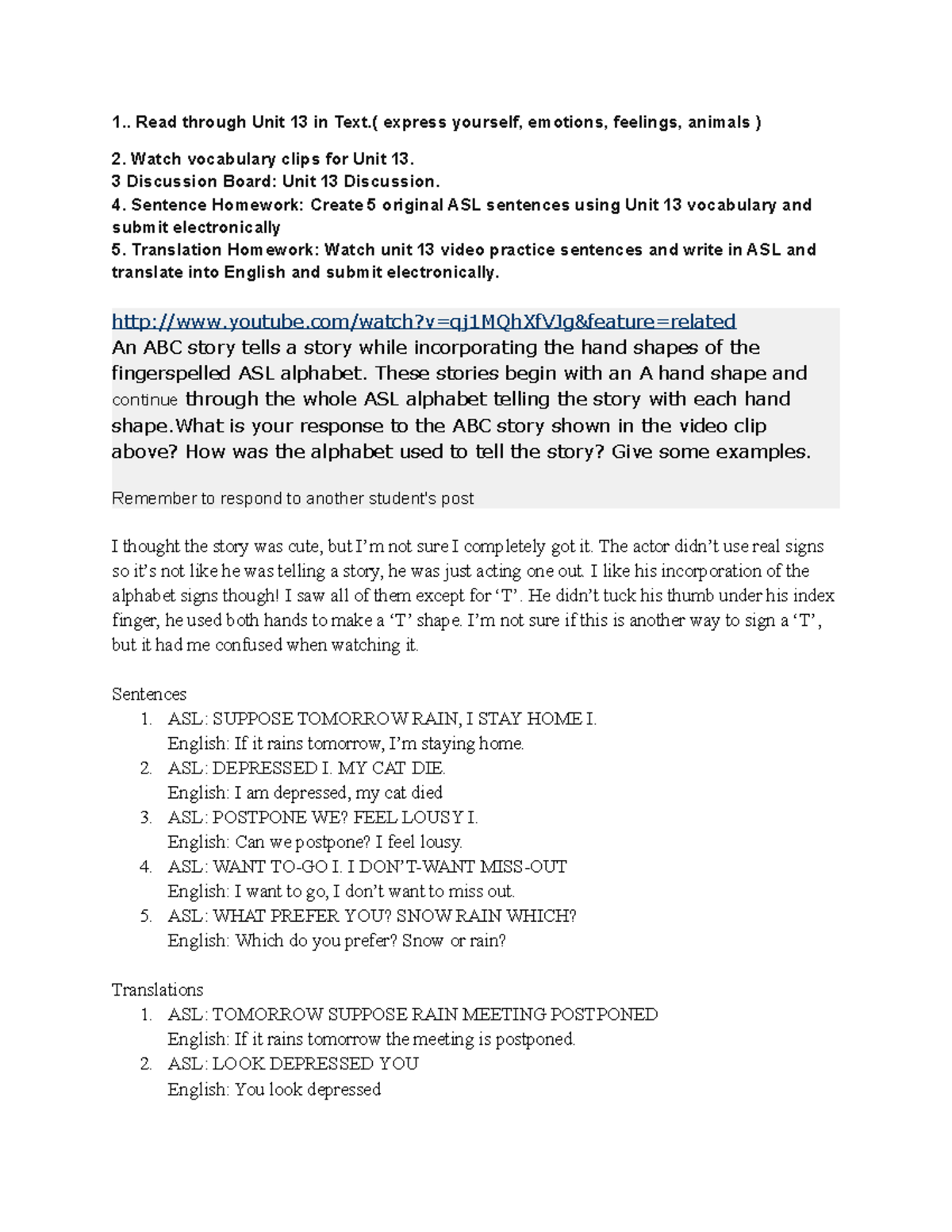 ASL Unit 13 - Unit 13 write up work in the textbook. The write up ...