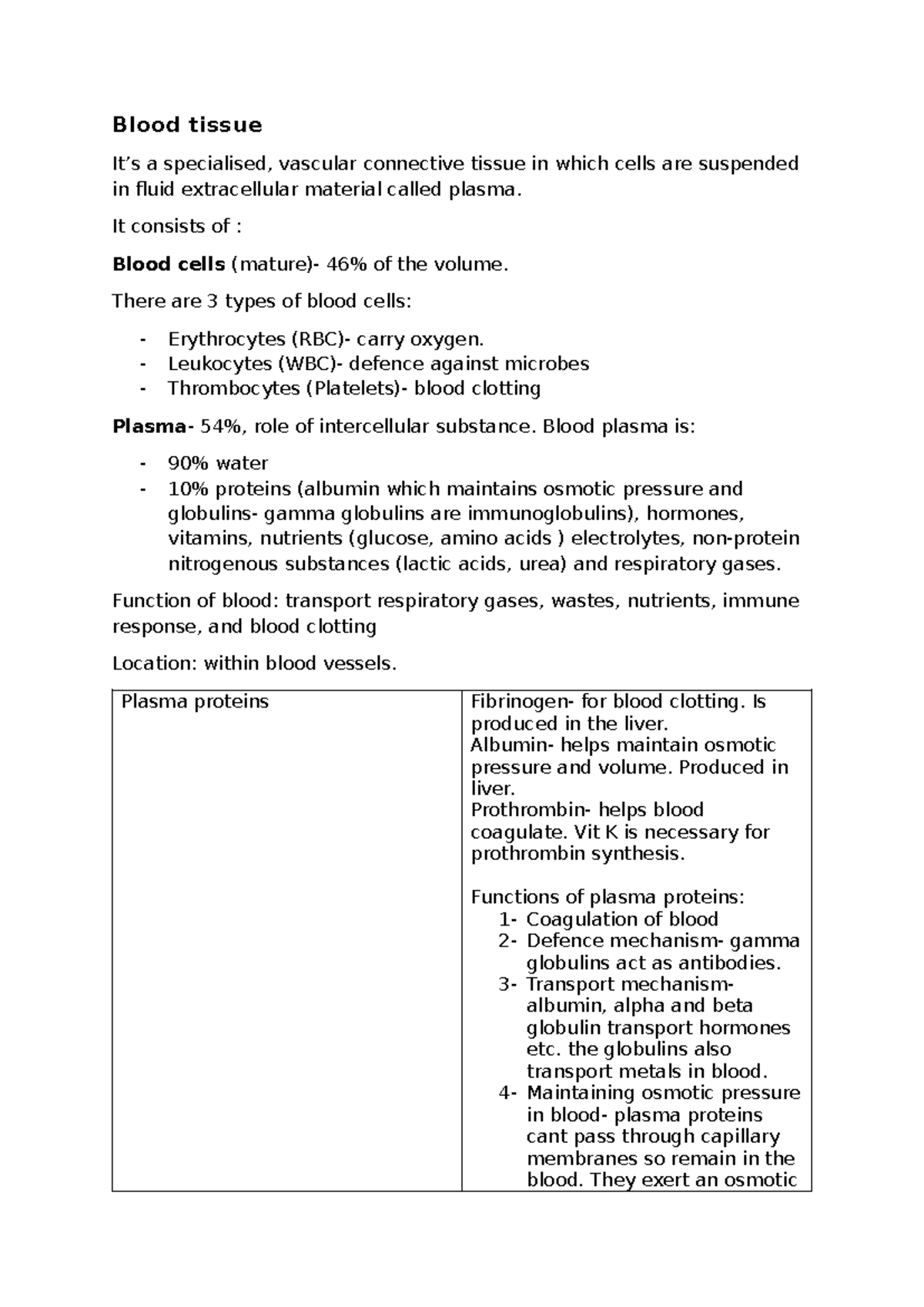 Blood tissue - notes - Blood tissue It’s a specialised, vascular ...