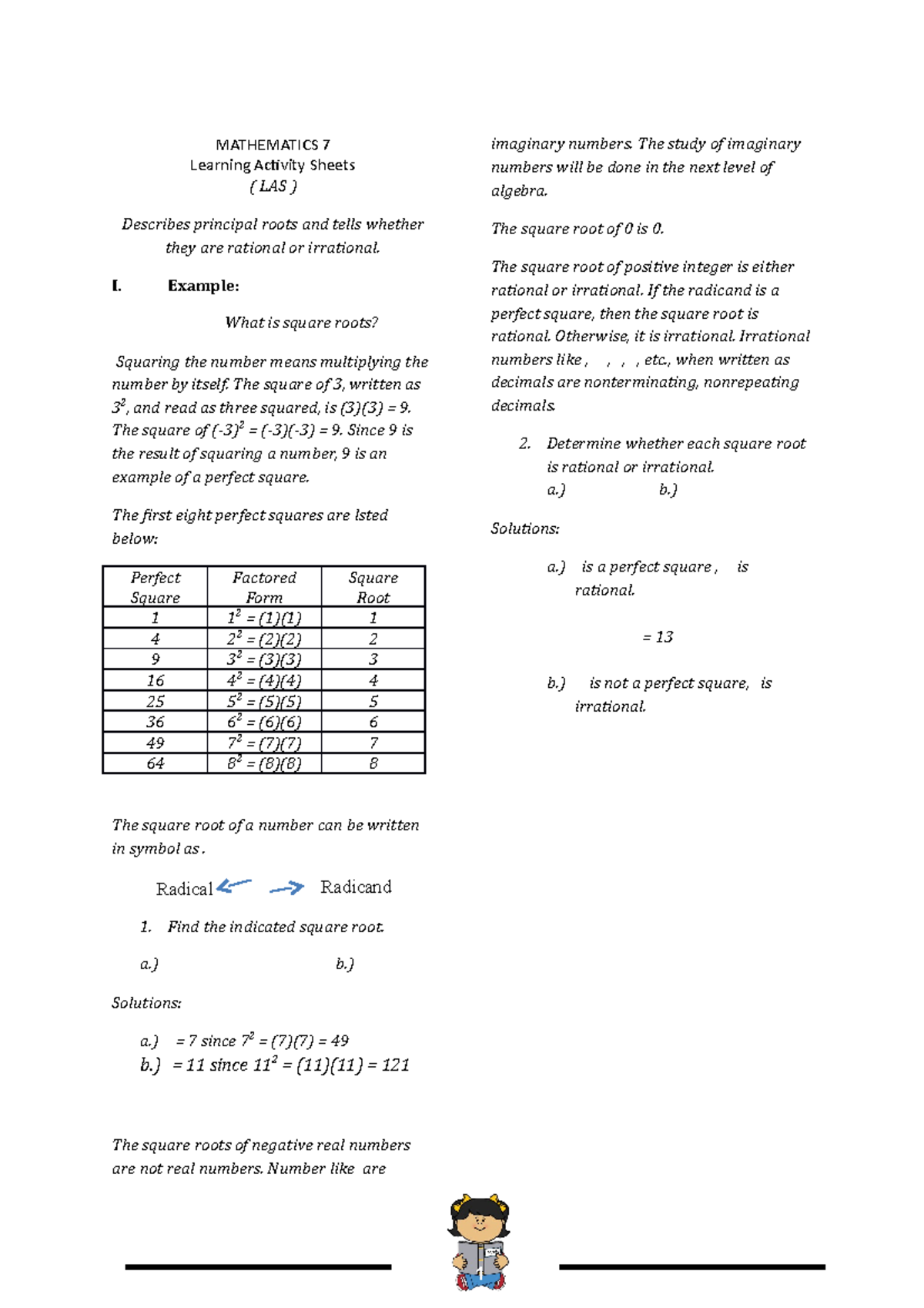 Describing Square Roots - MATHEMATICS 7 Learning Activity Sheets ( LAS ...