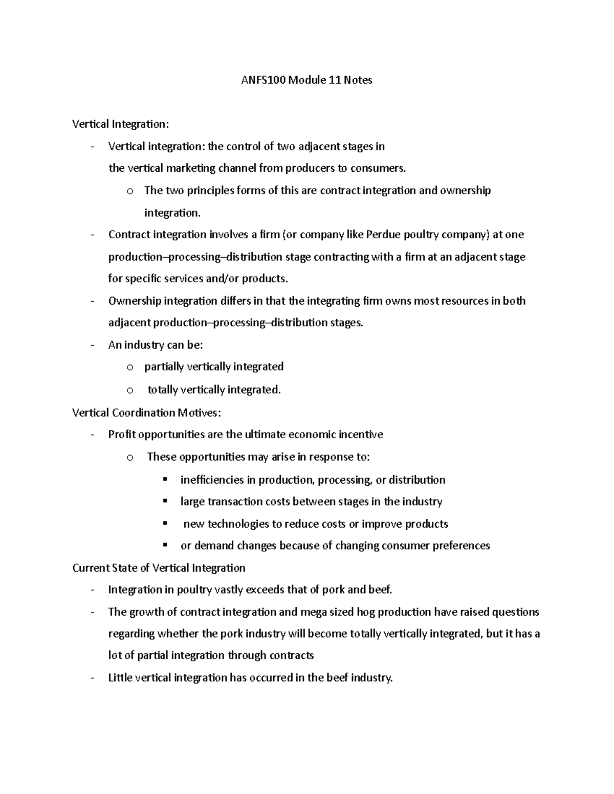 ANFS100 Module 11 Notes - ANFS100 Module 11 Notes Vertical Integration ...