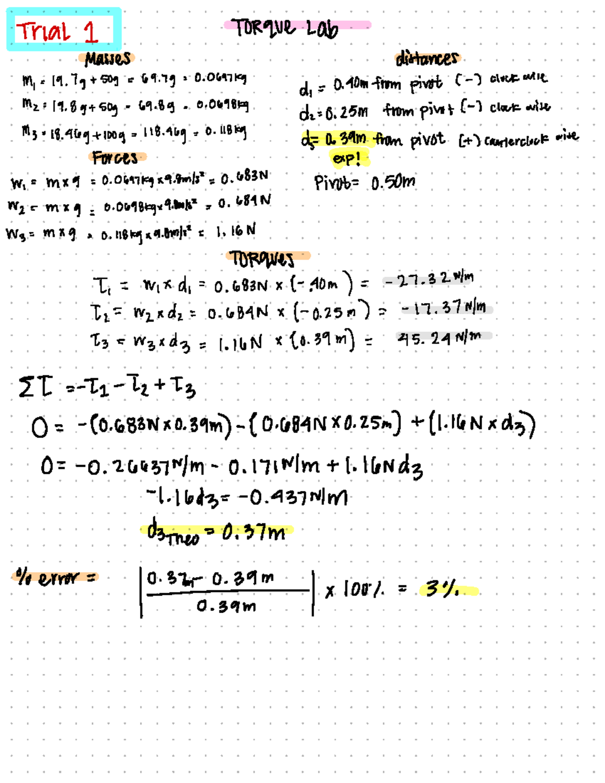 Extra Credit Torque Lab - That 1 TorqueLab Masses distances M, = 19 -1509 = 69 = 0. d, = 0 pivot ...