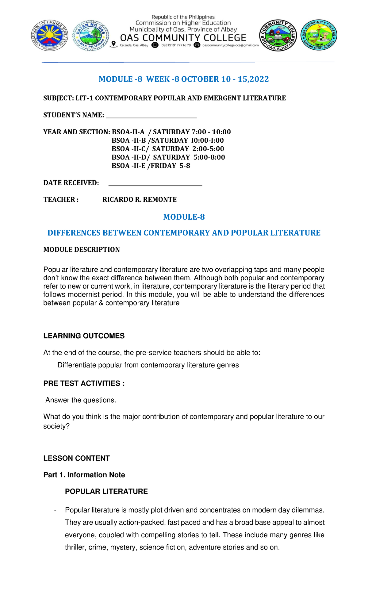 BSOA II Module 8 Contemporary Popular AND Emergent Literature - MODULE ...