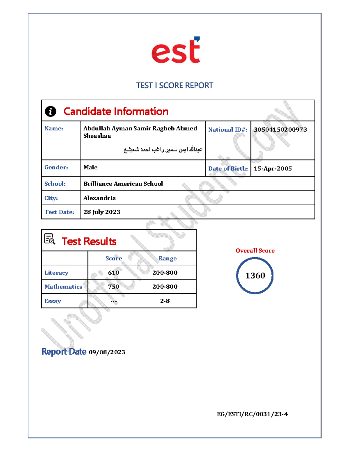EST I-2023-score - efsa - Math 1 Exams - TEST I SCORE REPORT Candidate ...