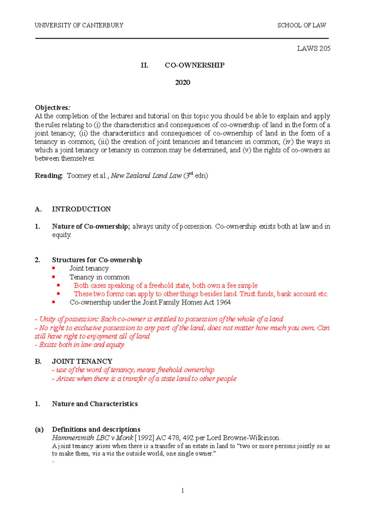 Co-ownership handout - LAWS 205 II. CO-OWNERSHIP 2020 Objectives : At ...