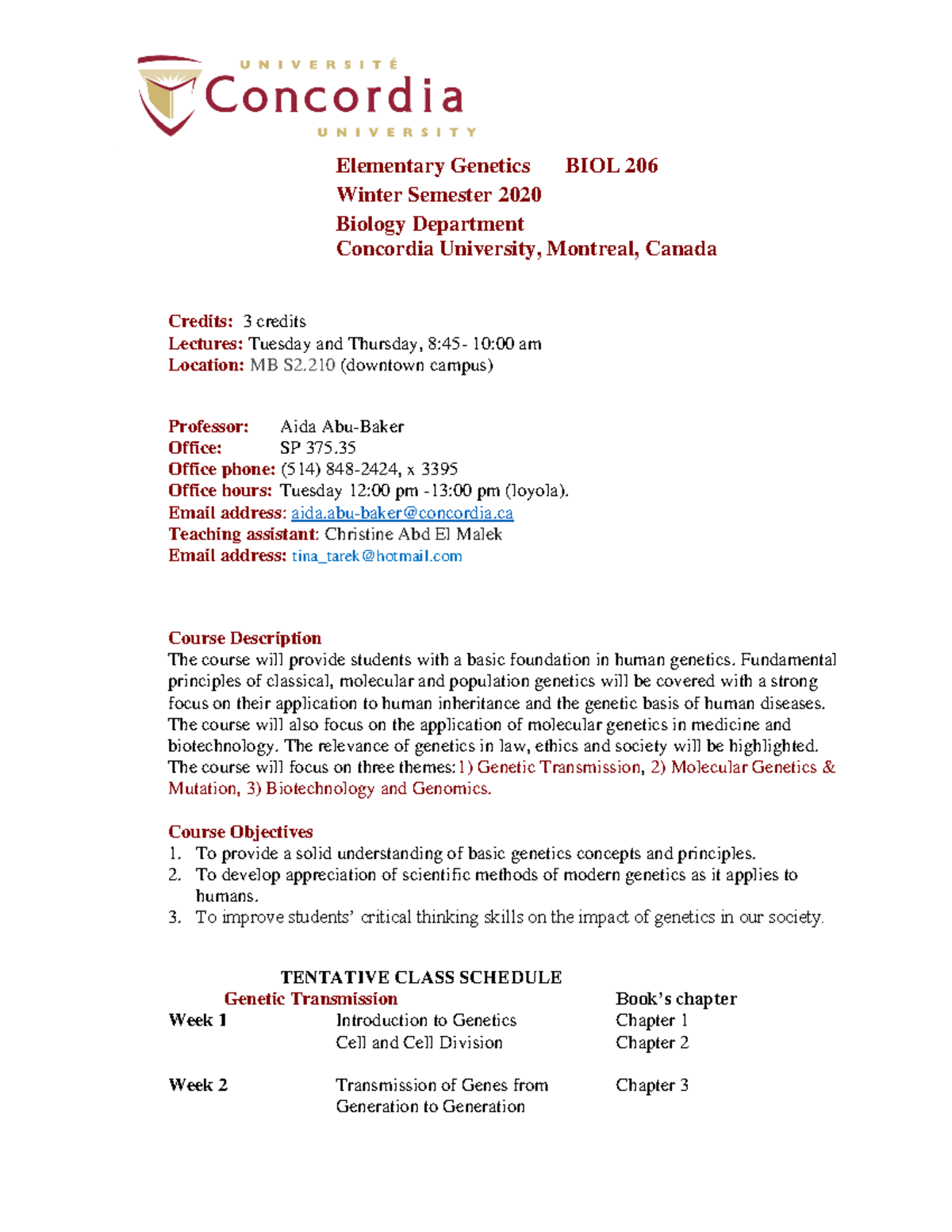 Course Outline Biol 206 - Warning: TT: undefined function: 32 Elementary Genetics BIOL 206 ...