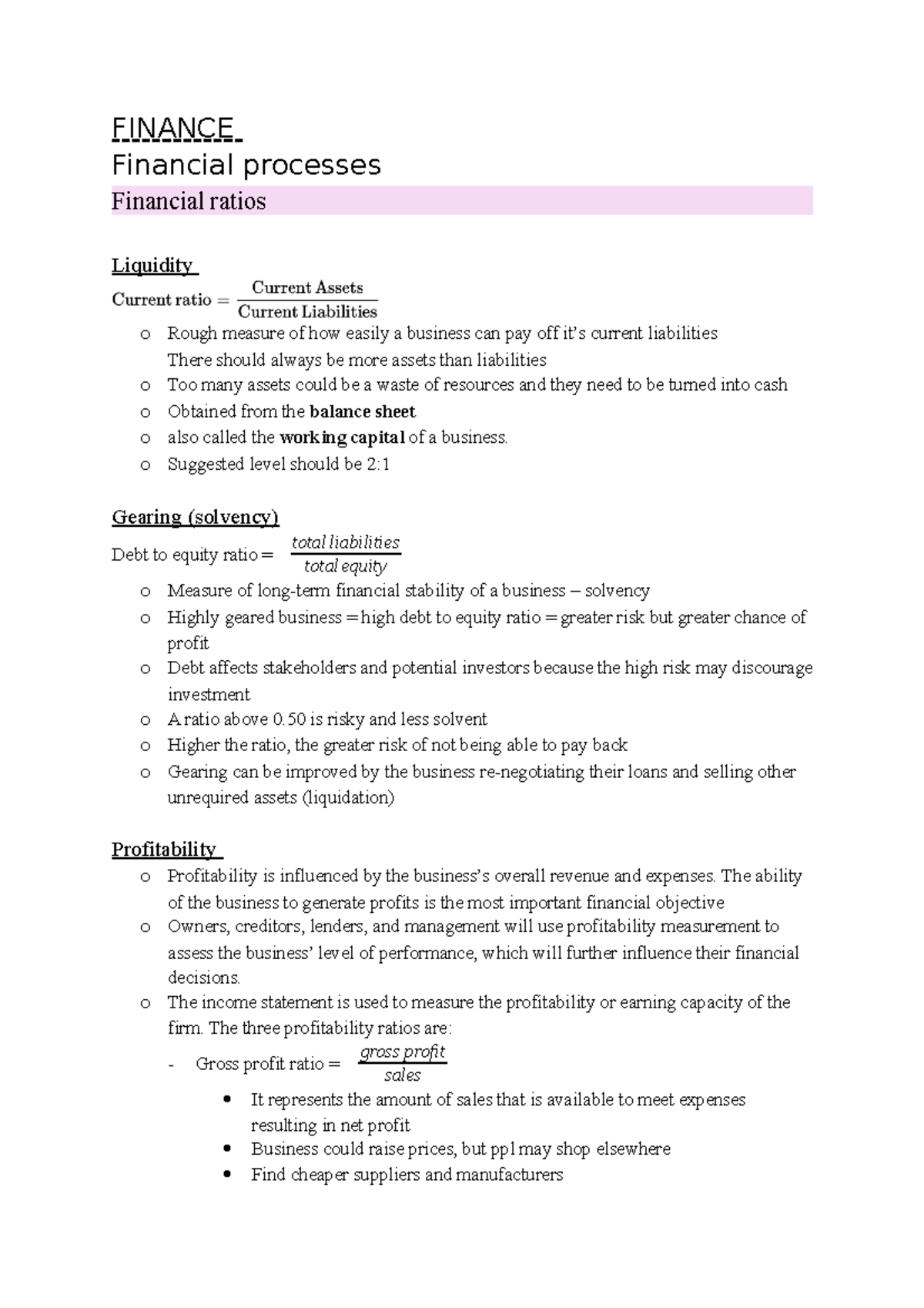 Financial management Processes Notes - FINANCE Financial processes ...