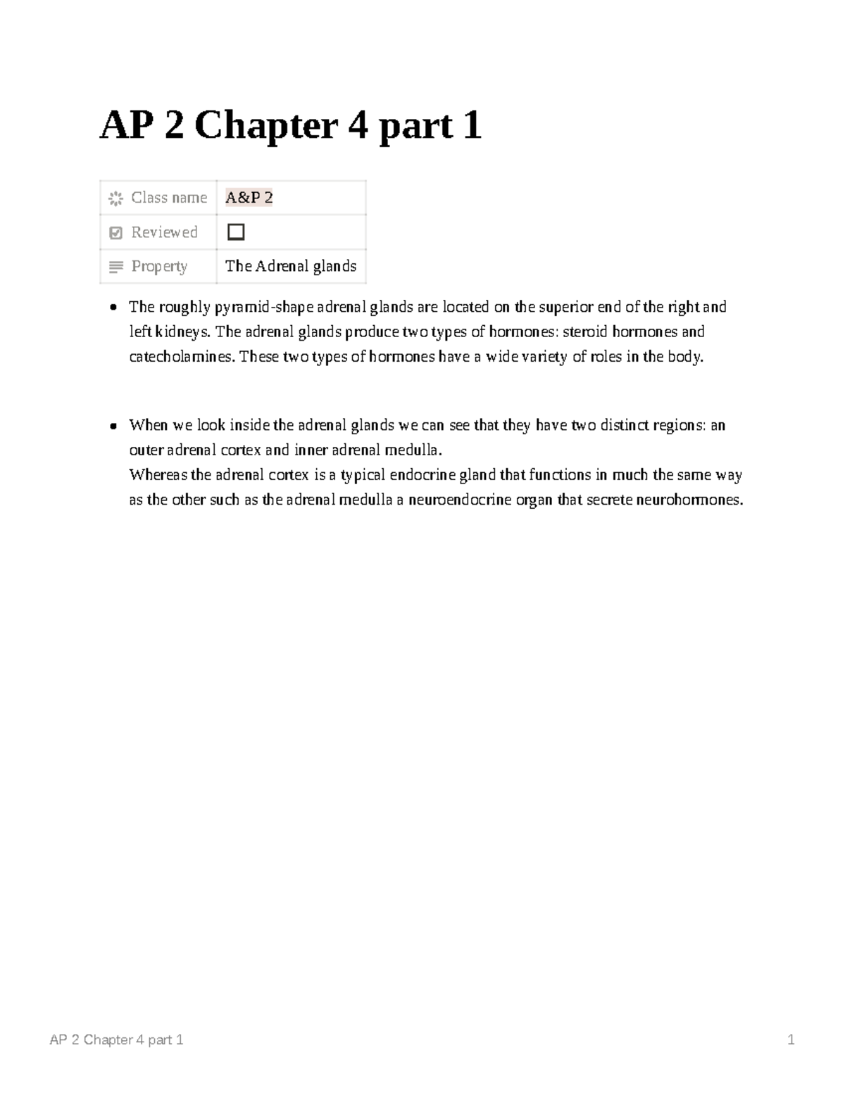 AP 2 Chapter 4 part 1 - YAYY - AP 2 Chapter 4 part 1 Class name A&P 2 ...