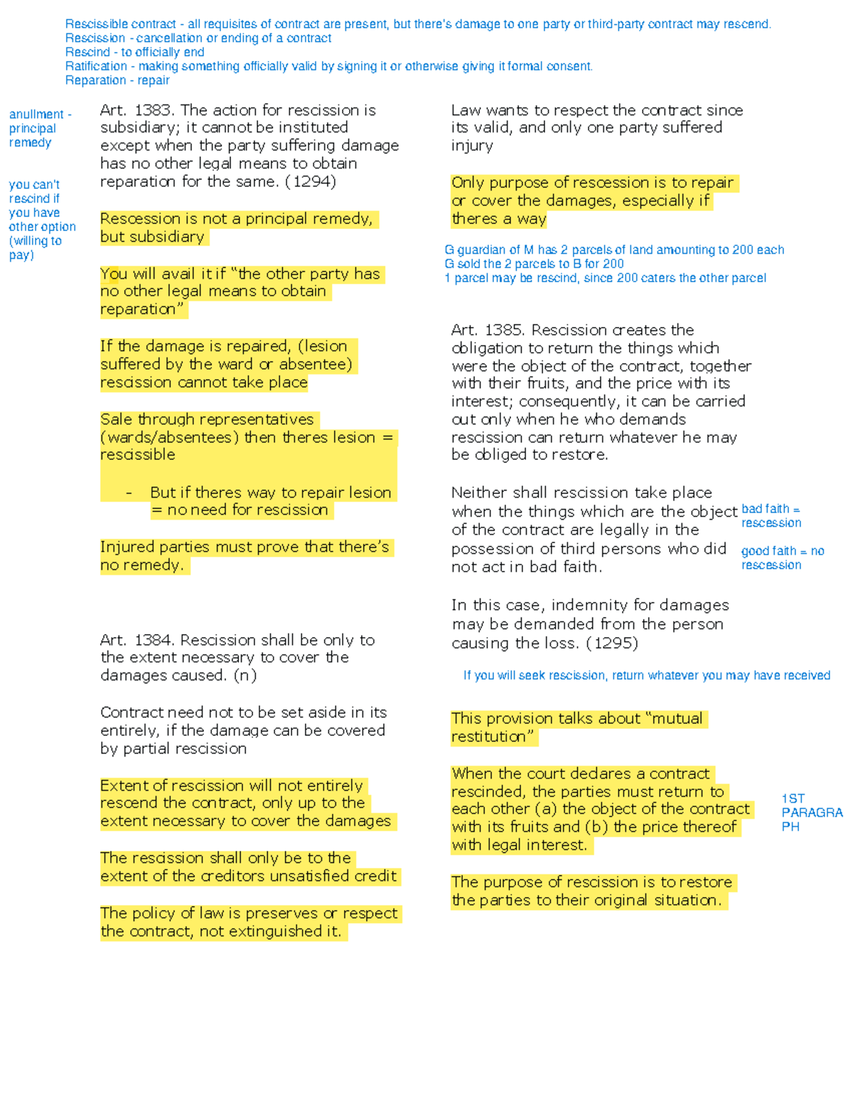 ART 1383 - 1385 - Art. 1383. The action for rescission is subsidiary ...