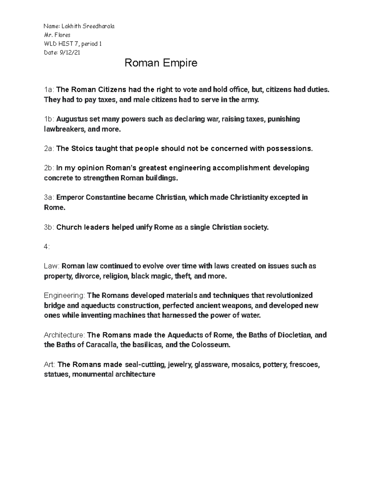 Roman Empire Assignment - Name: Lakhith Sreedharala Mr. Flores WLD HIST ...