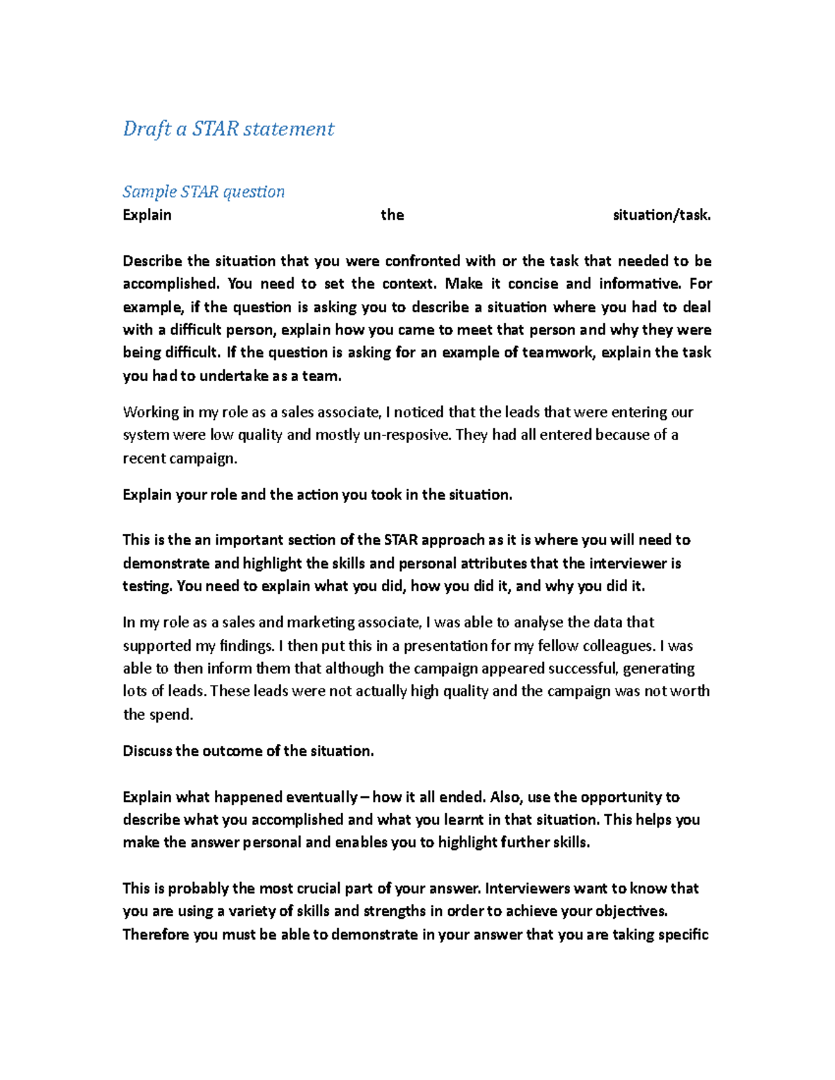 STAR goals for module 5 - Draft a STAR statement Sample STAR question ...