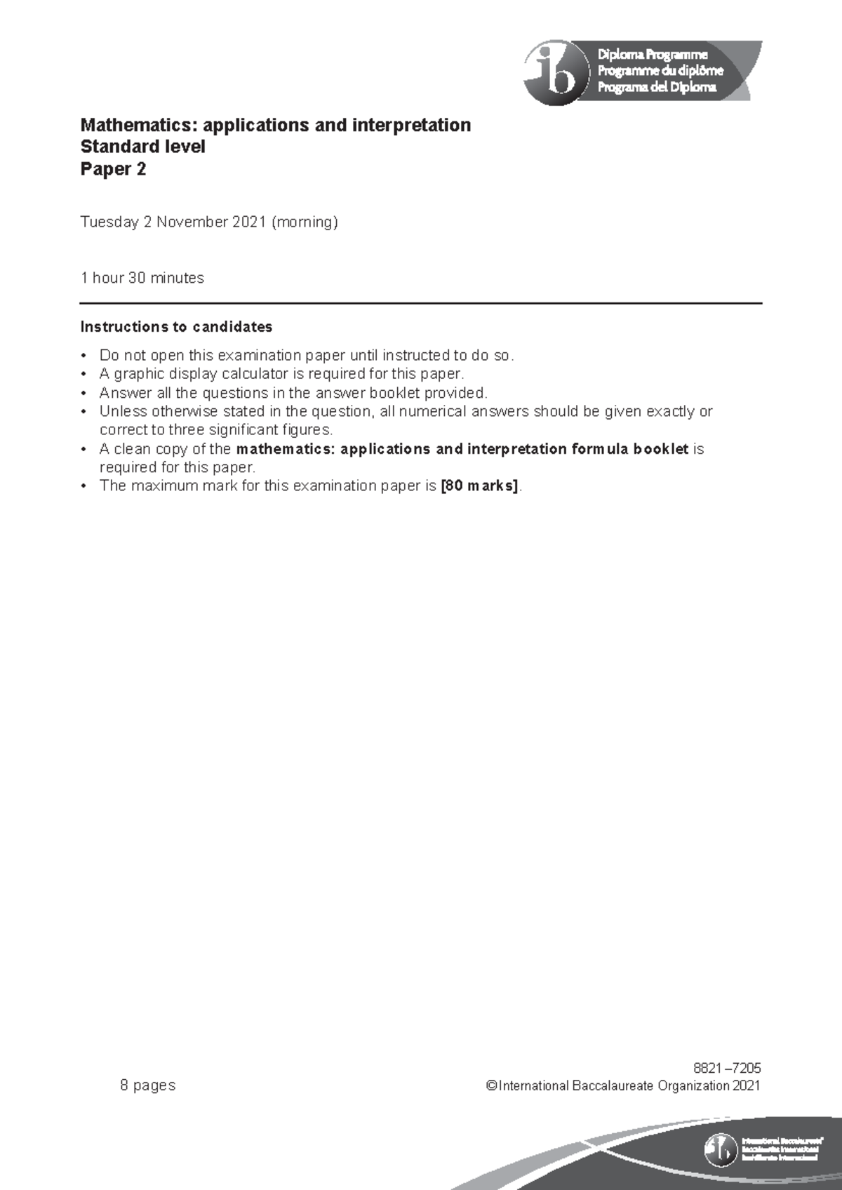 Math Paper 2 - © International Baccalaureate Organization 2021 8821 ...
