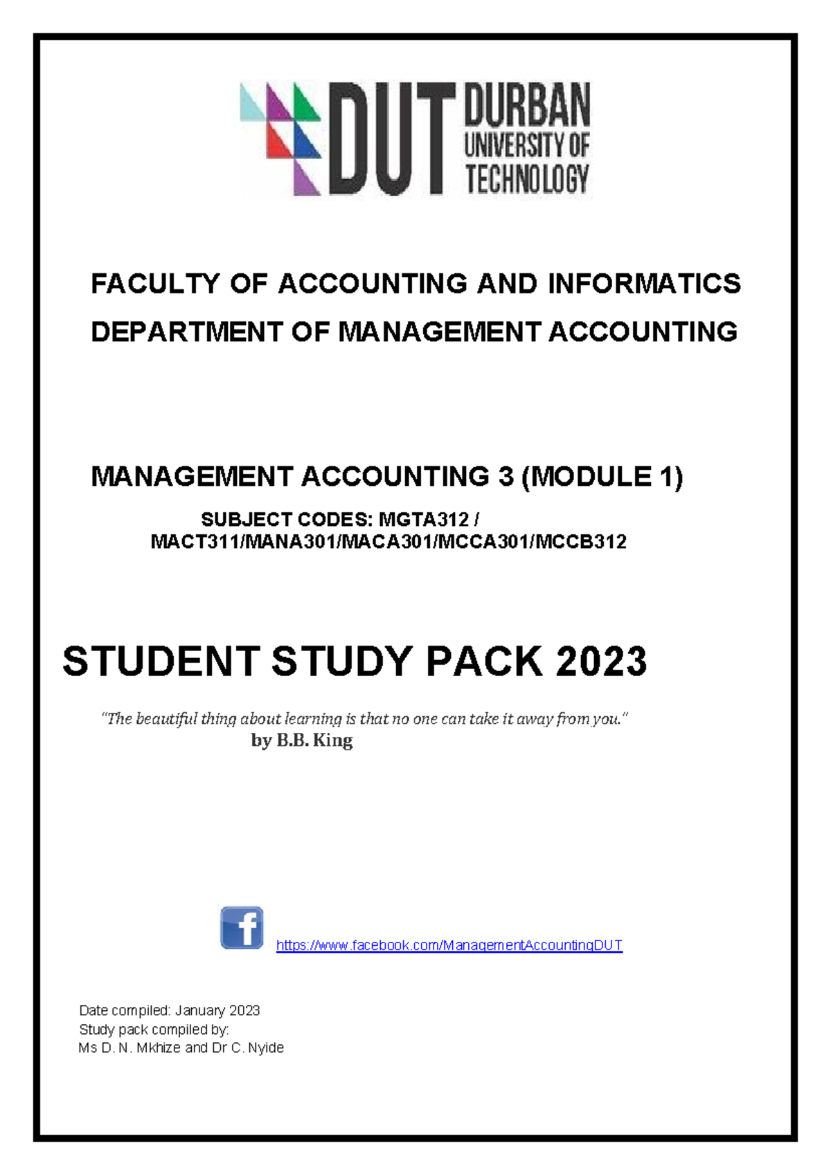 Study PACK 2023 - revision - FACULTY OF ACCOUNTING AND INFORMATICS ...