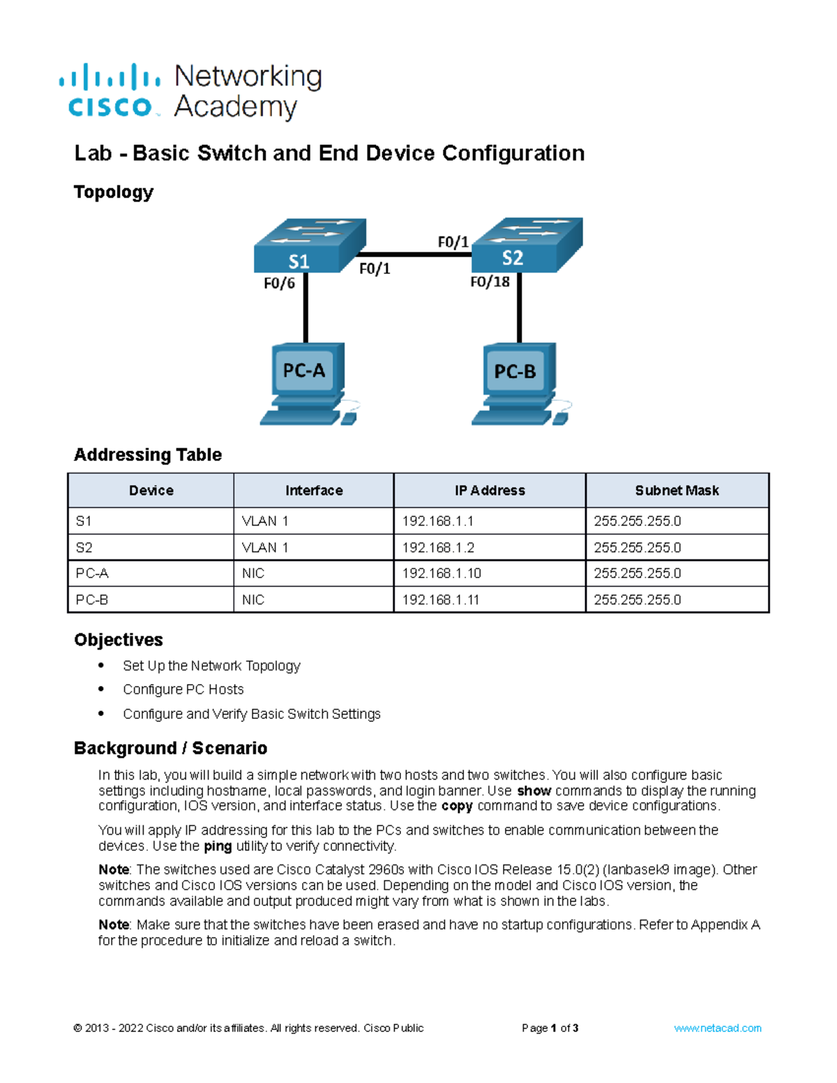 2.9.2 Lab - Basic Switch and End Device Configuration - Lab - Basic Switch and End Device - Studocu