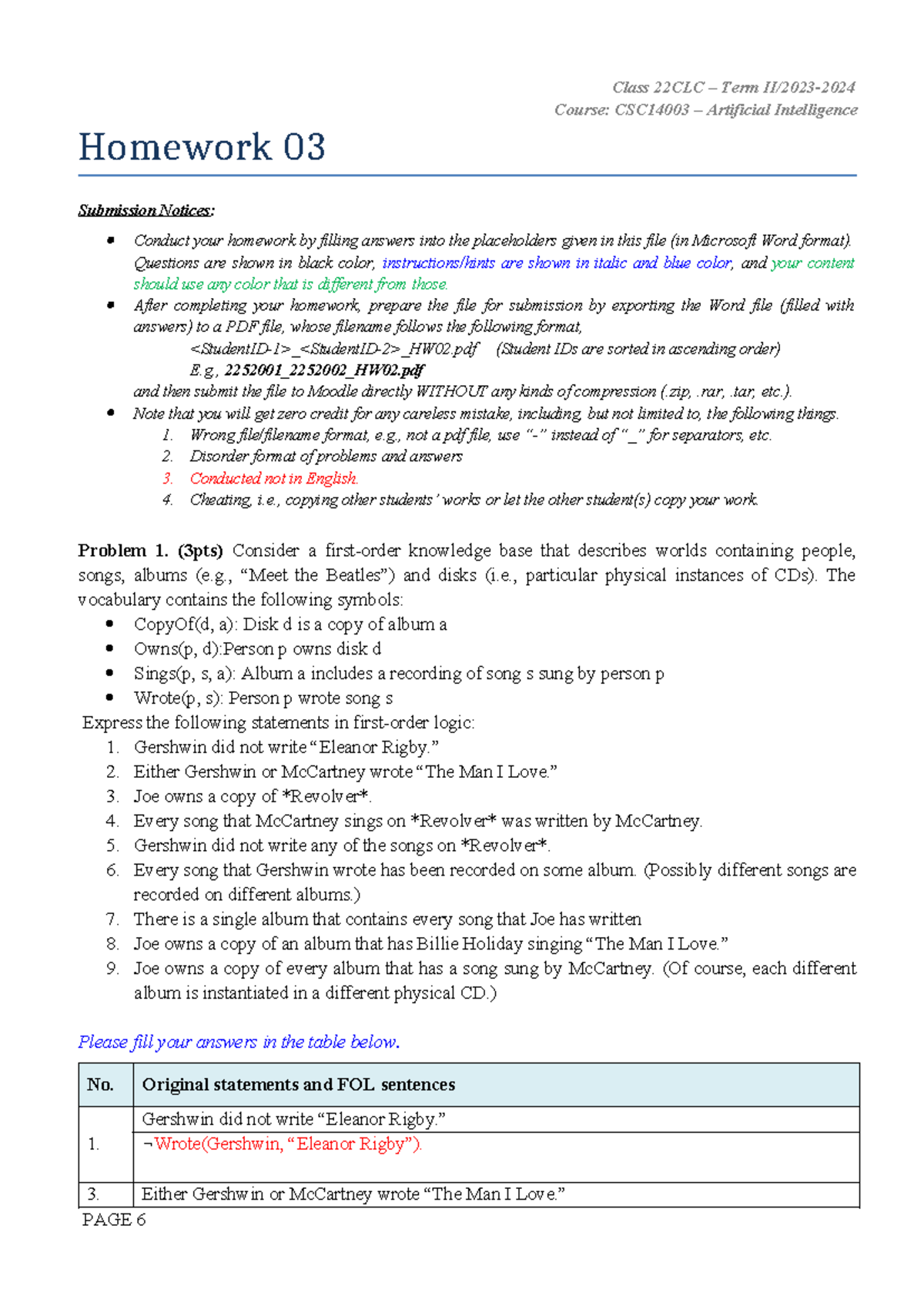 2324 CSC14003 22CLC02 HW03 - Class 22CLC – Term II/2023- Course: CSC14003 – Artificial ...