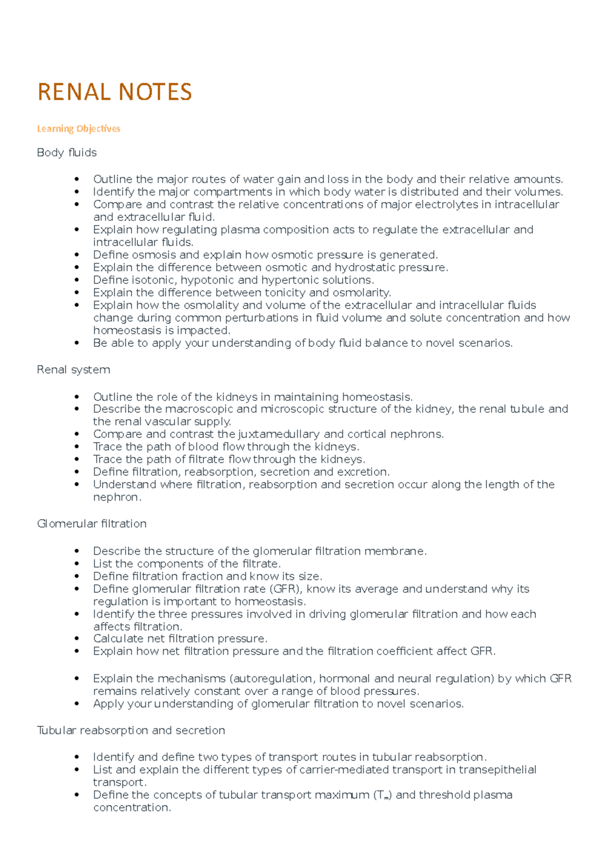 Renal Notes - PHSI2601 - USyd - Studocu
