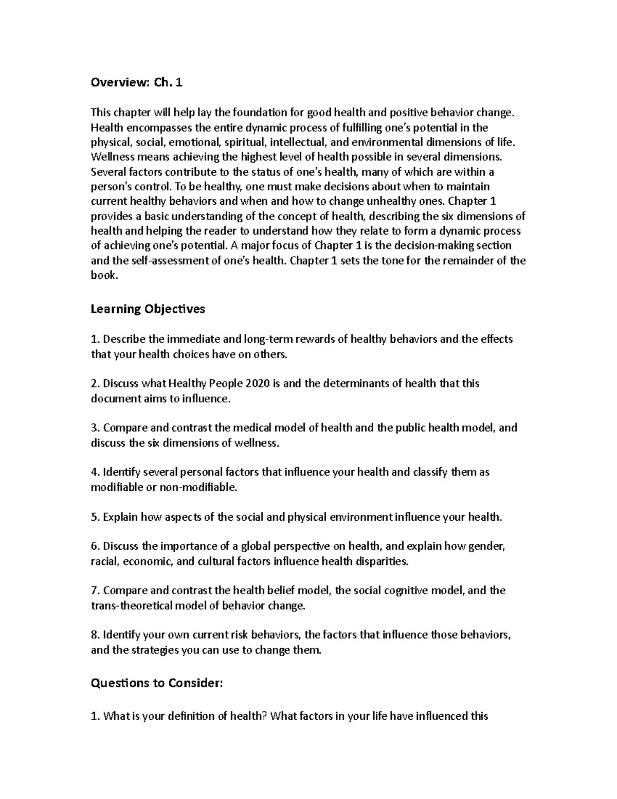 Personal Health and Wellness Ch. 1 Overview & Objectives - Overview: Ch ...