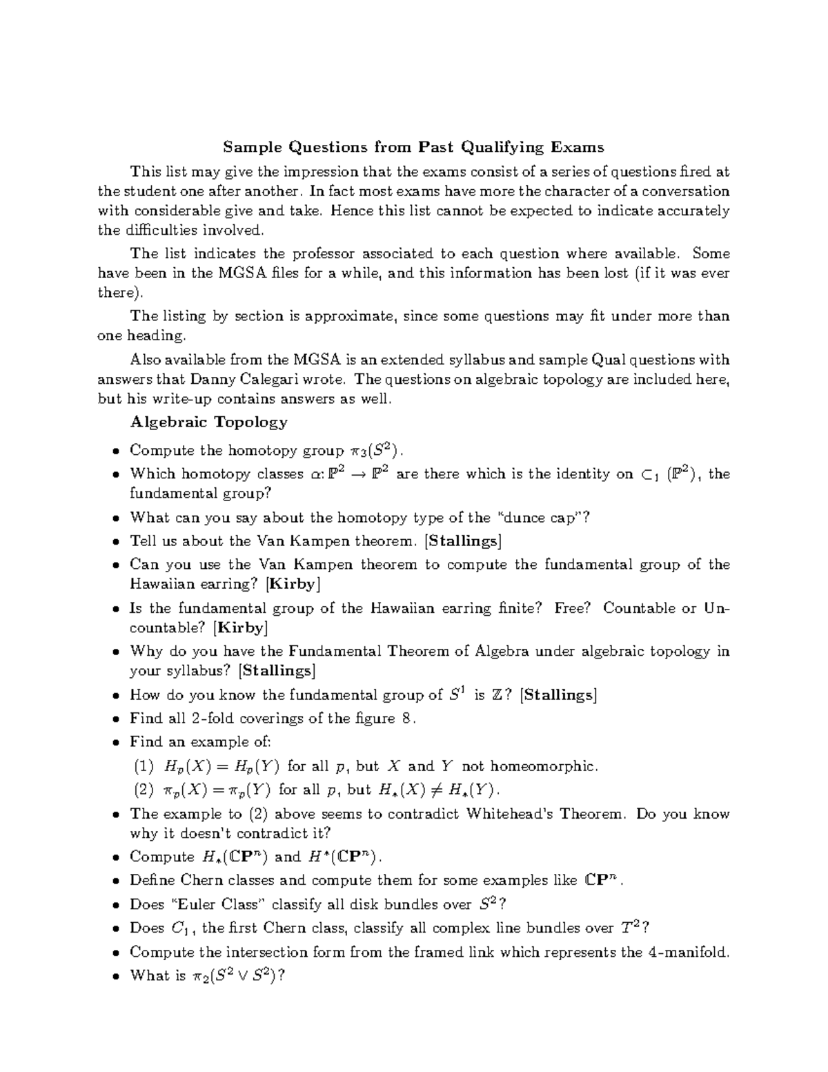 Algebraic Topology questions exam - Sample Questions from Past ...