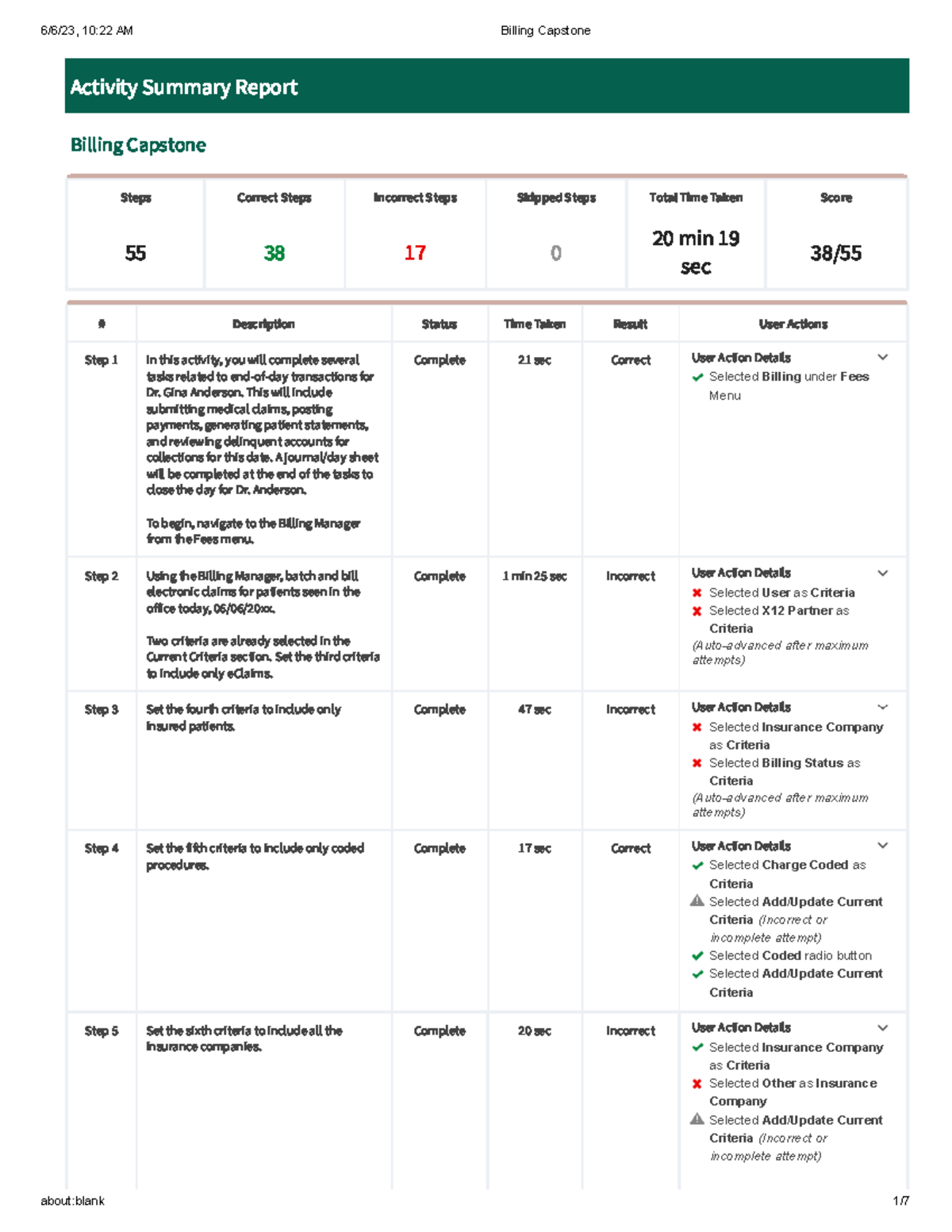 Billing Capstone - Detailed Summary - Billing Capstone Steps Correct Steps Incorrect Steps ...