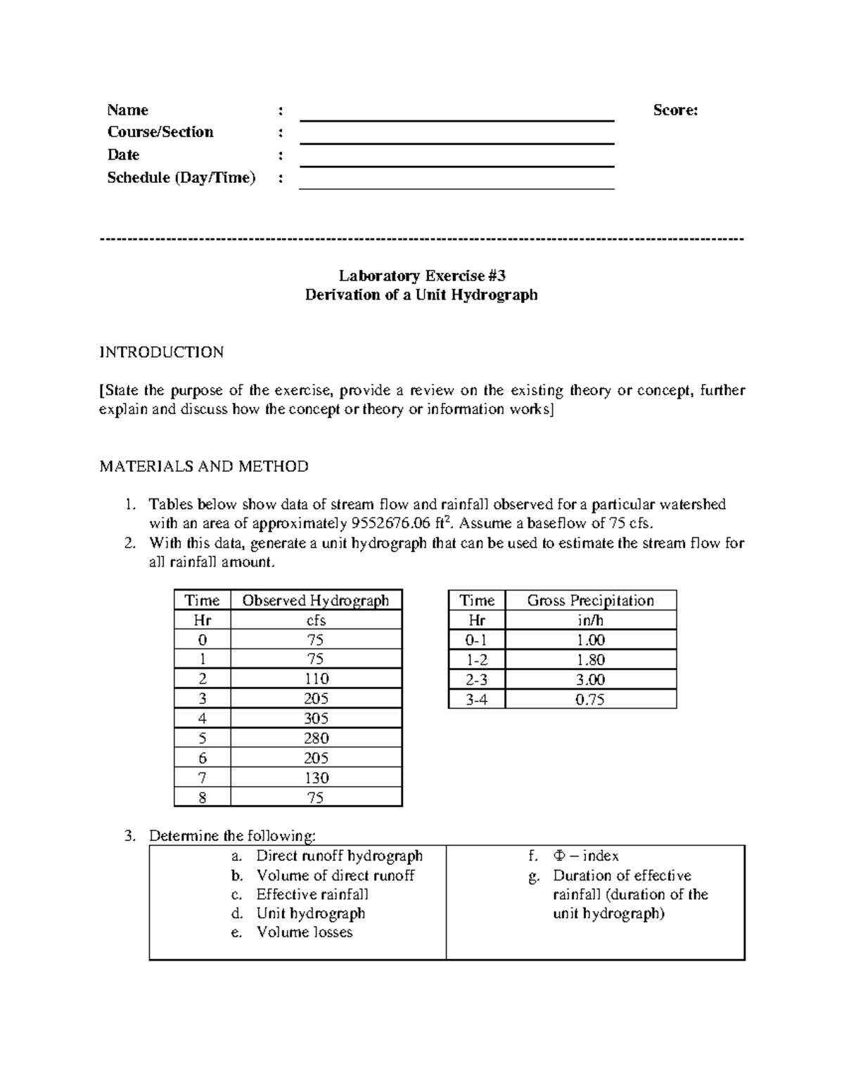 Lab Exercise #3 - Derivation of Unit Hydrograph - Name : Score: Course/Section : Date : Schedule ...