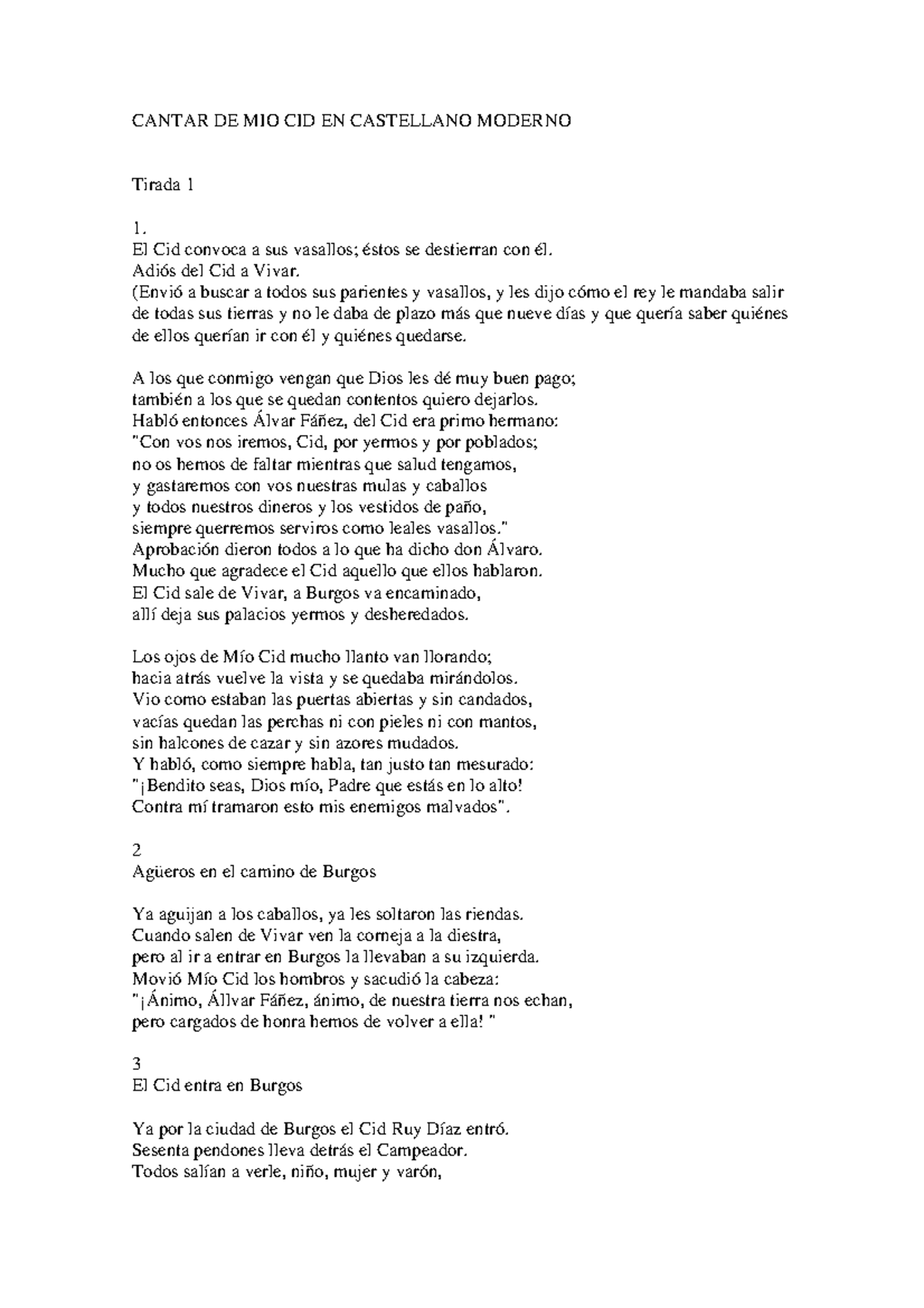 Cantar-Mio-Cid - lectura - CANTAR DE MIO CID EN CASTELLANO MODERNO ...