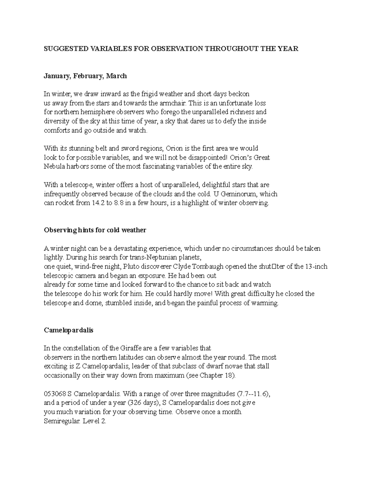 Suggested Variables FOR Observation Throughout THE YEAR - SUGGESTED ...