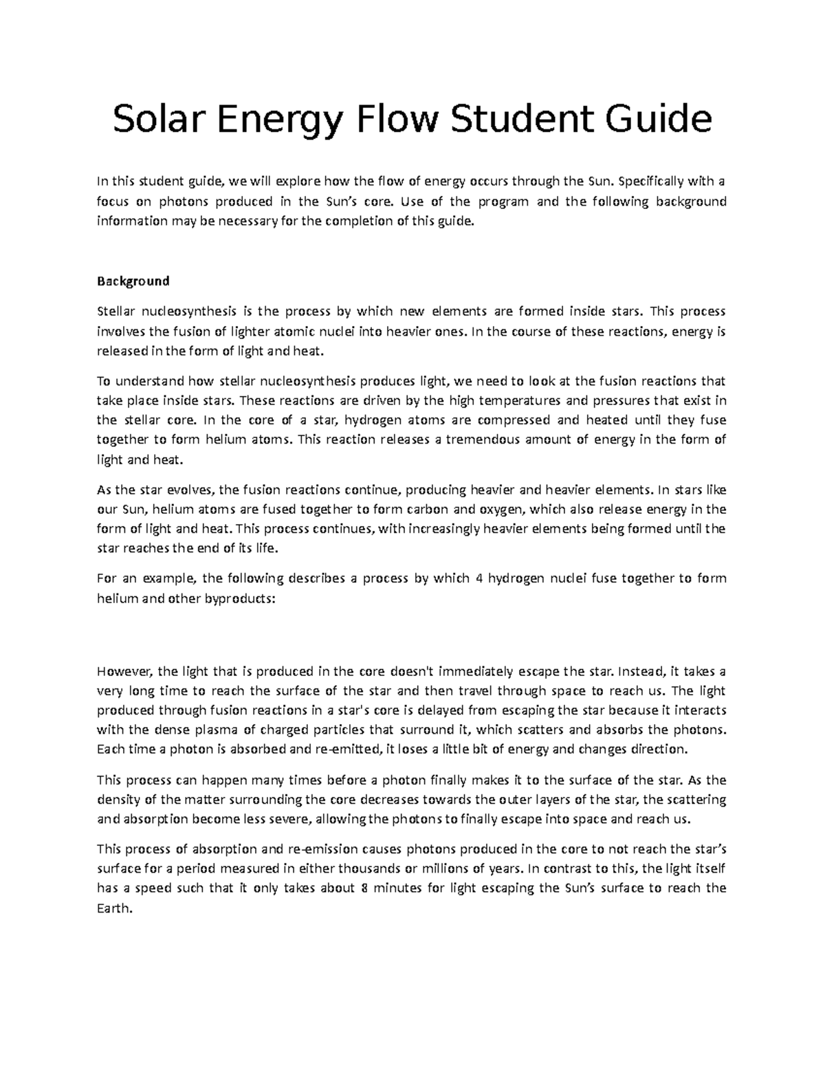 Solar Energy Flow Student Guide - Specifically with a focus on photons ...