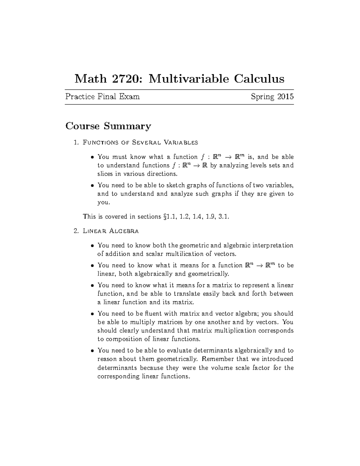 Math 2720 course summary 2015 - Math 2720: Multivariable Calculus Practice Final Exam Spring ...