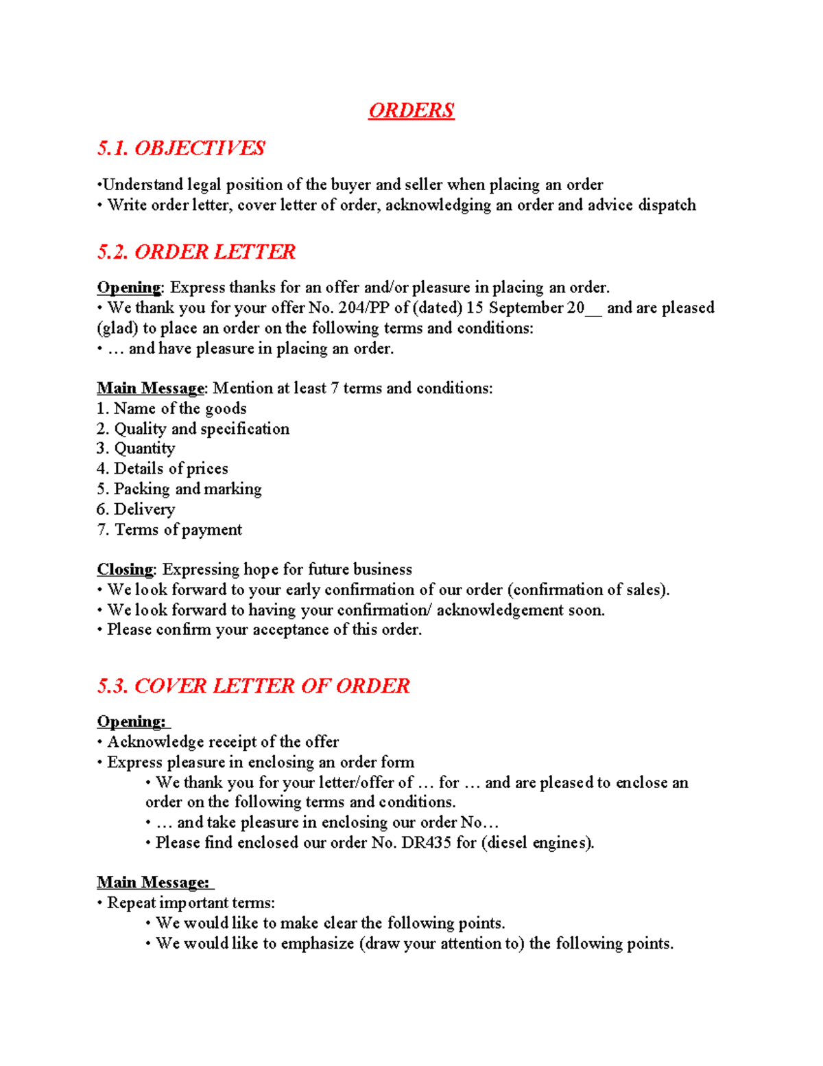 Orders - ORDERS 5. OBJECTIVES •Understand legal position of the buyer ...